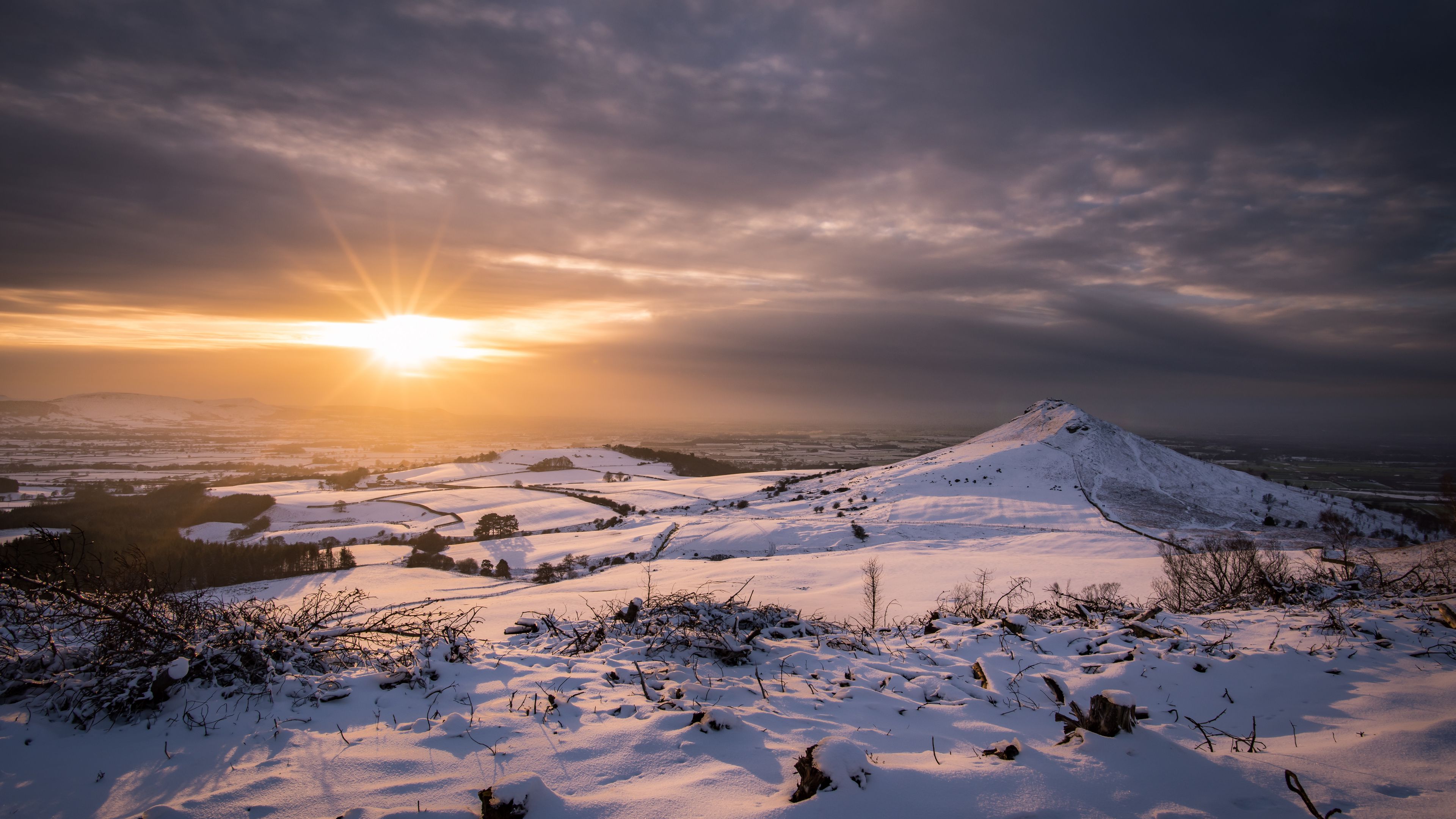 Hills, Landscape, Winter, Snow, Sunset, 4K Hd Wallpaper