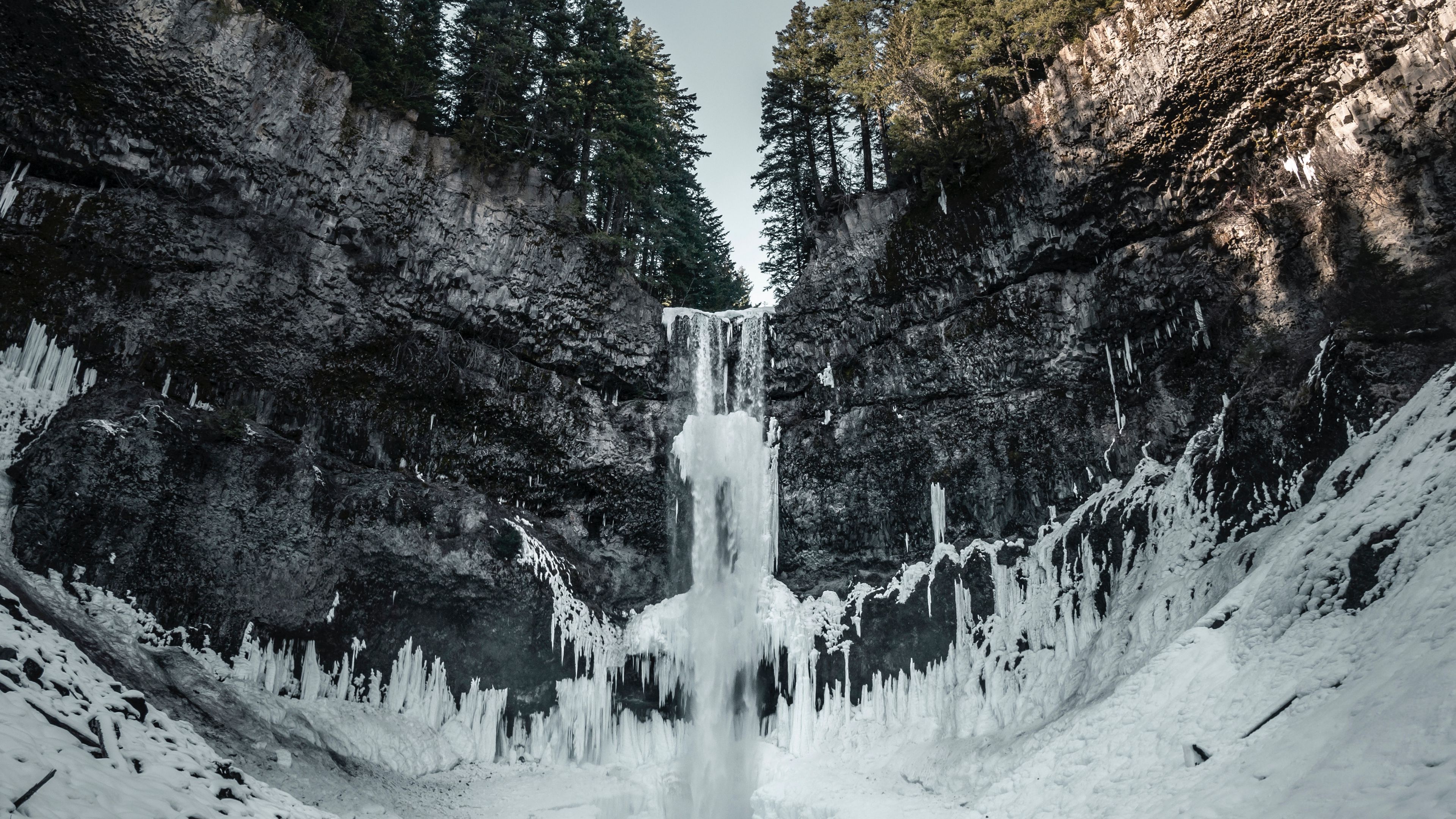 waterfall, ice, snow, cliff, trees, 4k HD Wallpaper