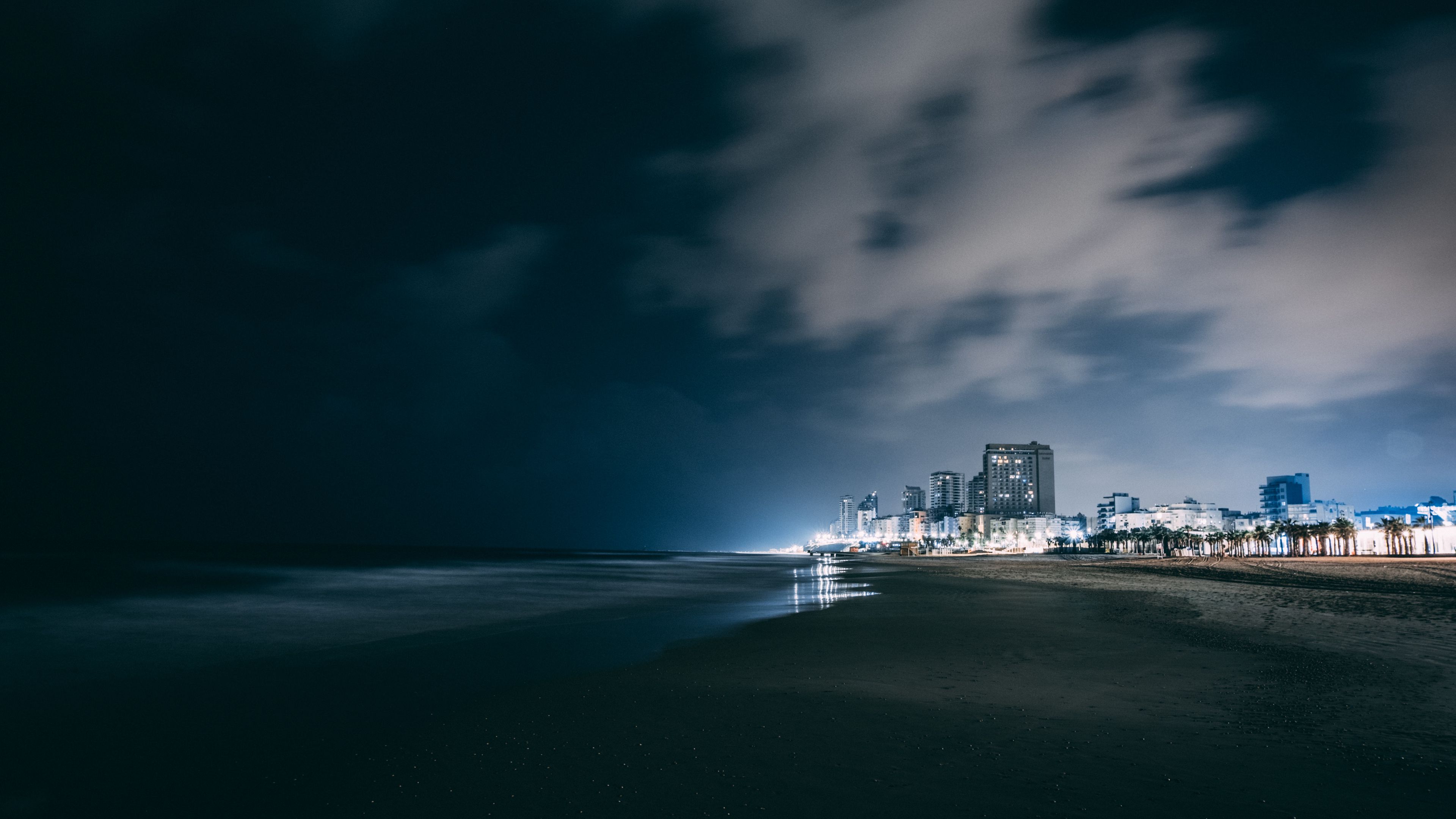 night city, beach, night, sky, overcast, clouds, 4k HD Wallpaper