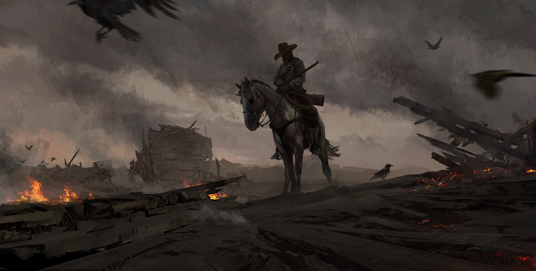 Artwork, Western, Cowboys, Bounty Hunter, Town, Horse, Crow Hd Wallpaper