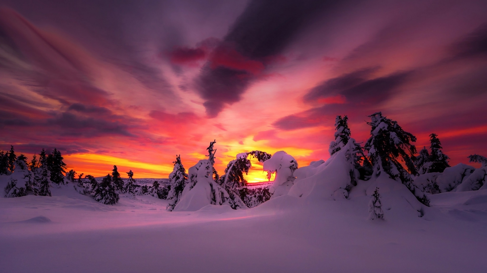 sunset, sky, snow, landscape, clouds HD Wallpaper