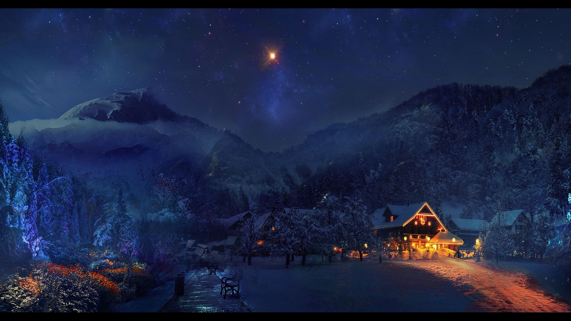 Moon, Snow, Mountains, Village, Lights Hd Wallpaper