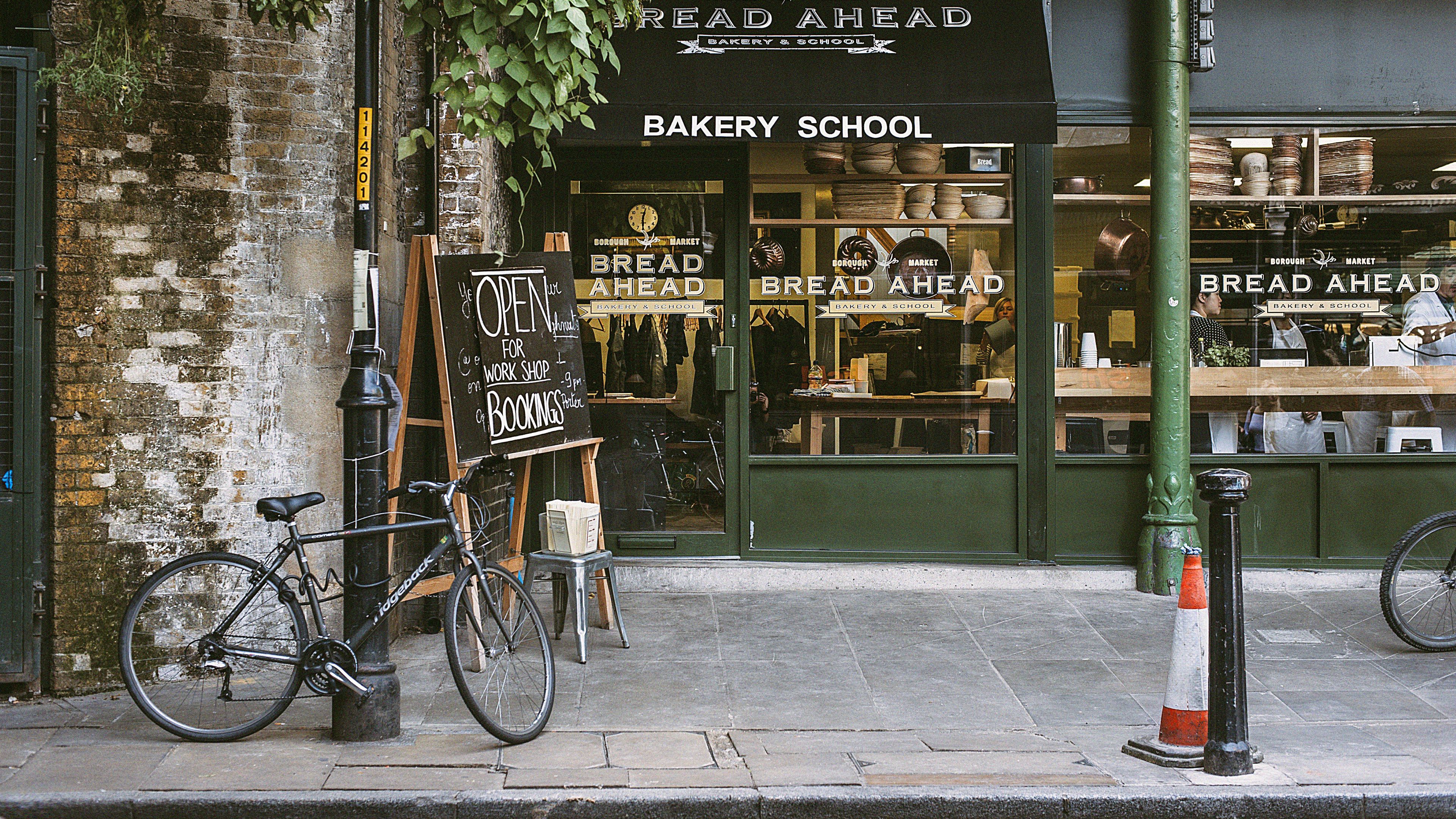 bicycle, street, shop, city, 4k HD Wallpaper