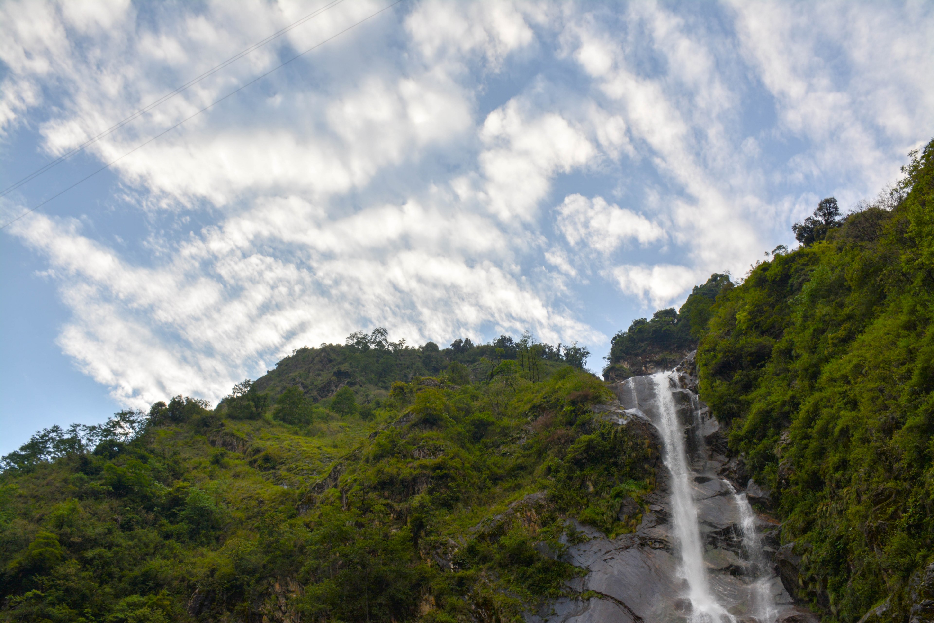 waterfall sky cloud and tree 4k HD Wallpaper
