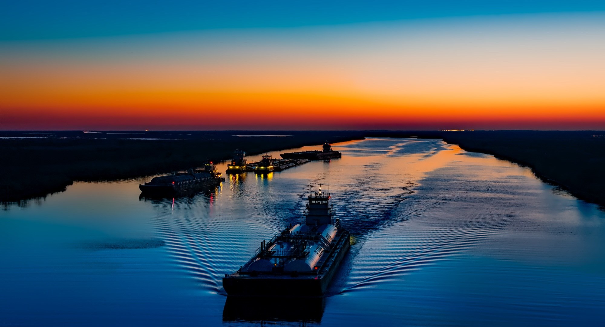 sunset twilight dusk evening ships boats barges 4k HD Wallpaper