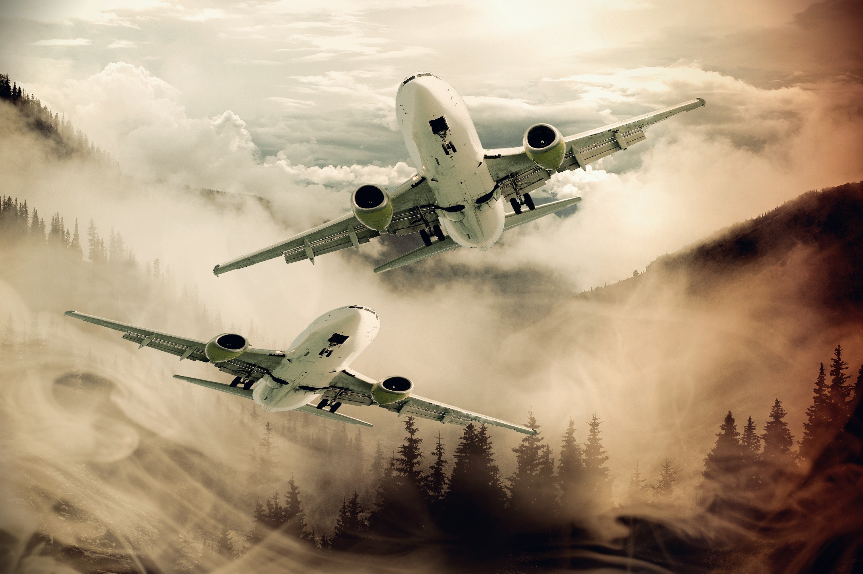 aircraft flight mountains forest fog sky flyer 4k HD Wallpaper