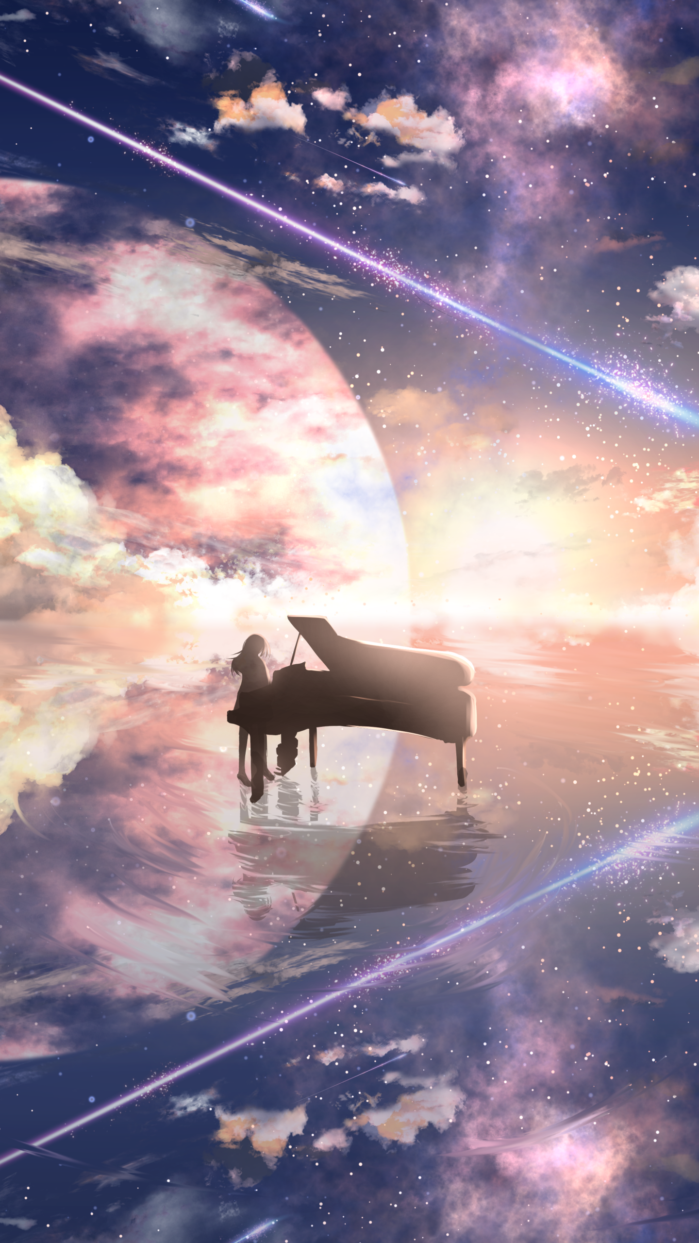 Anime Reflection, Starry Sky, Piano, Planet, Shooting Star, 1440X2560 ...