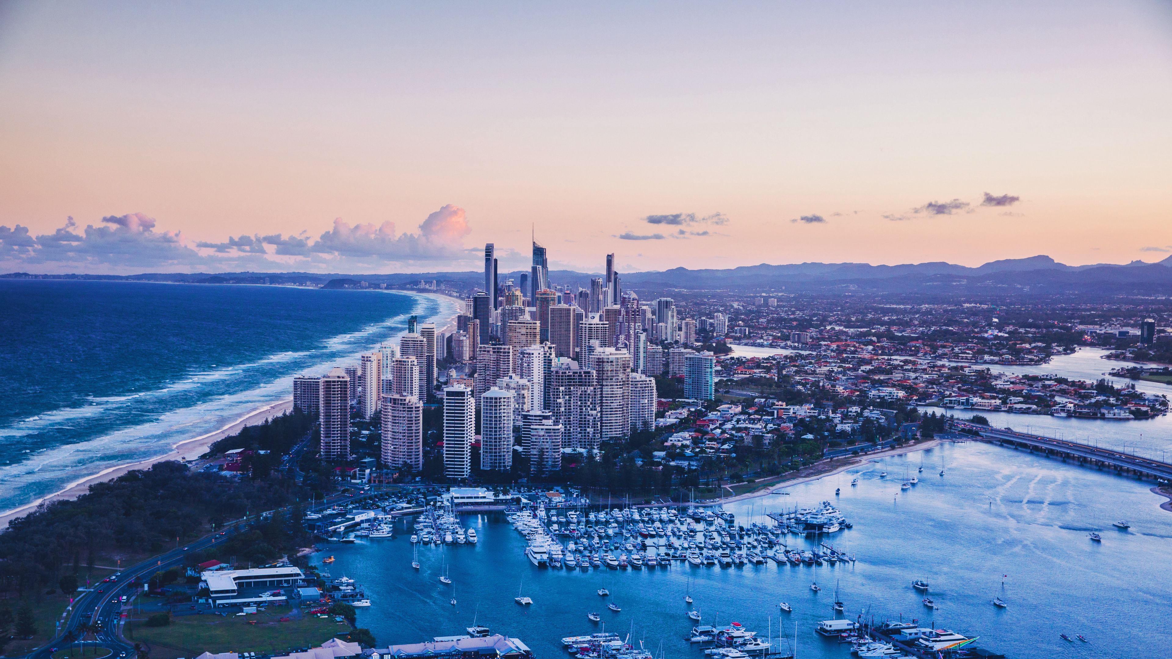 coast, city, buildings, evening, 4k HD Wallpaper