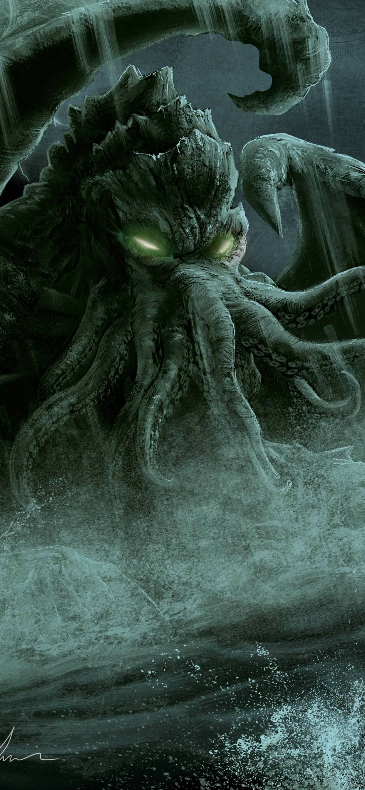 Fantasy Cthulhu, Lightning, Monster, Night, 1242x2688 Phone HD Wallpaper