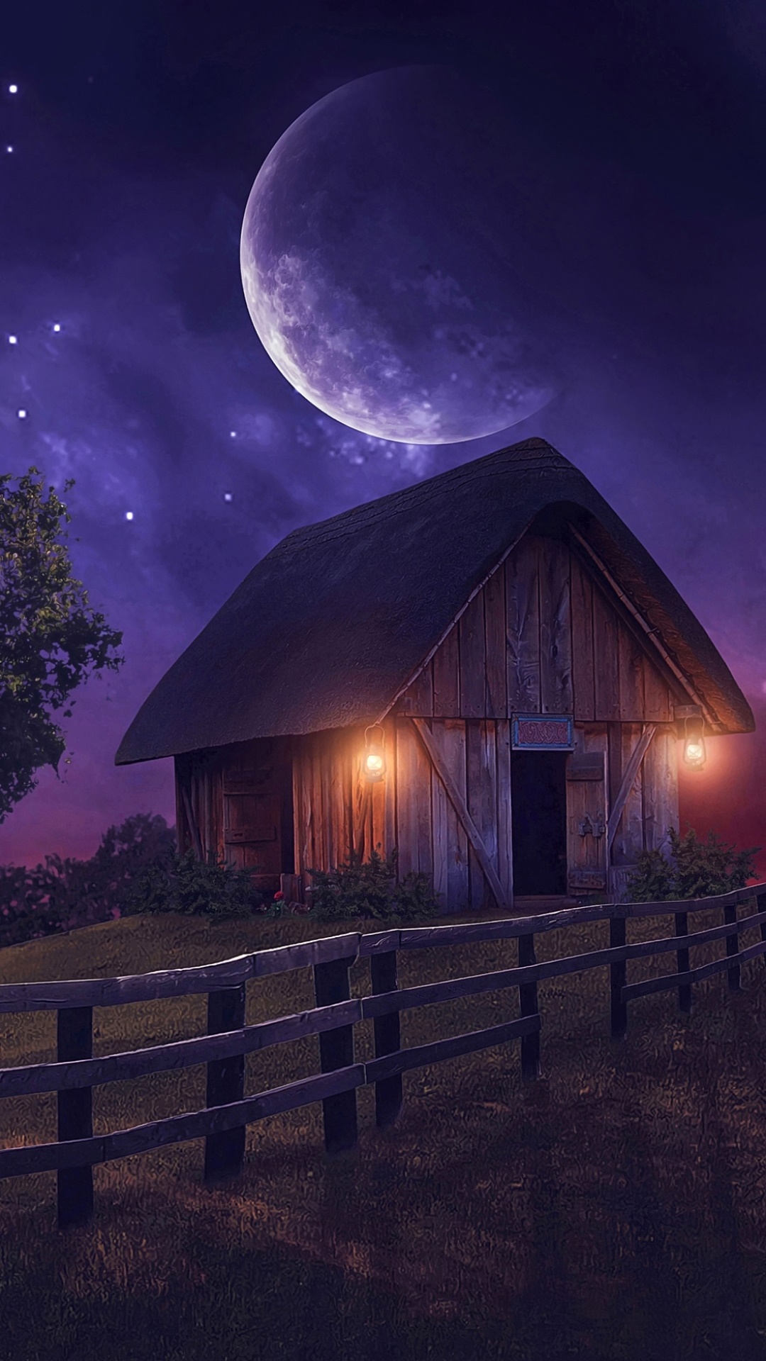 Artistic Fantasy, Shed, Tree, Moon, Fence, Stars, 1080x1920 Phone HD ...