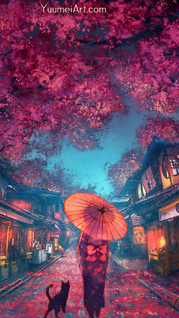 Anime Girl, Parasol, Sakura, Kimono, Street, 750x1334 Phone HD Wallpaper