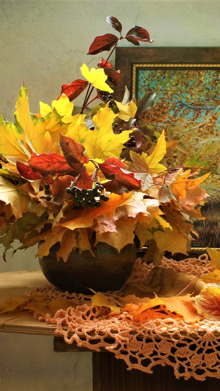 Photography Still Life, Vase, Fall, Leaf, 750x1334 Phone HD Wallpaper