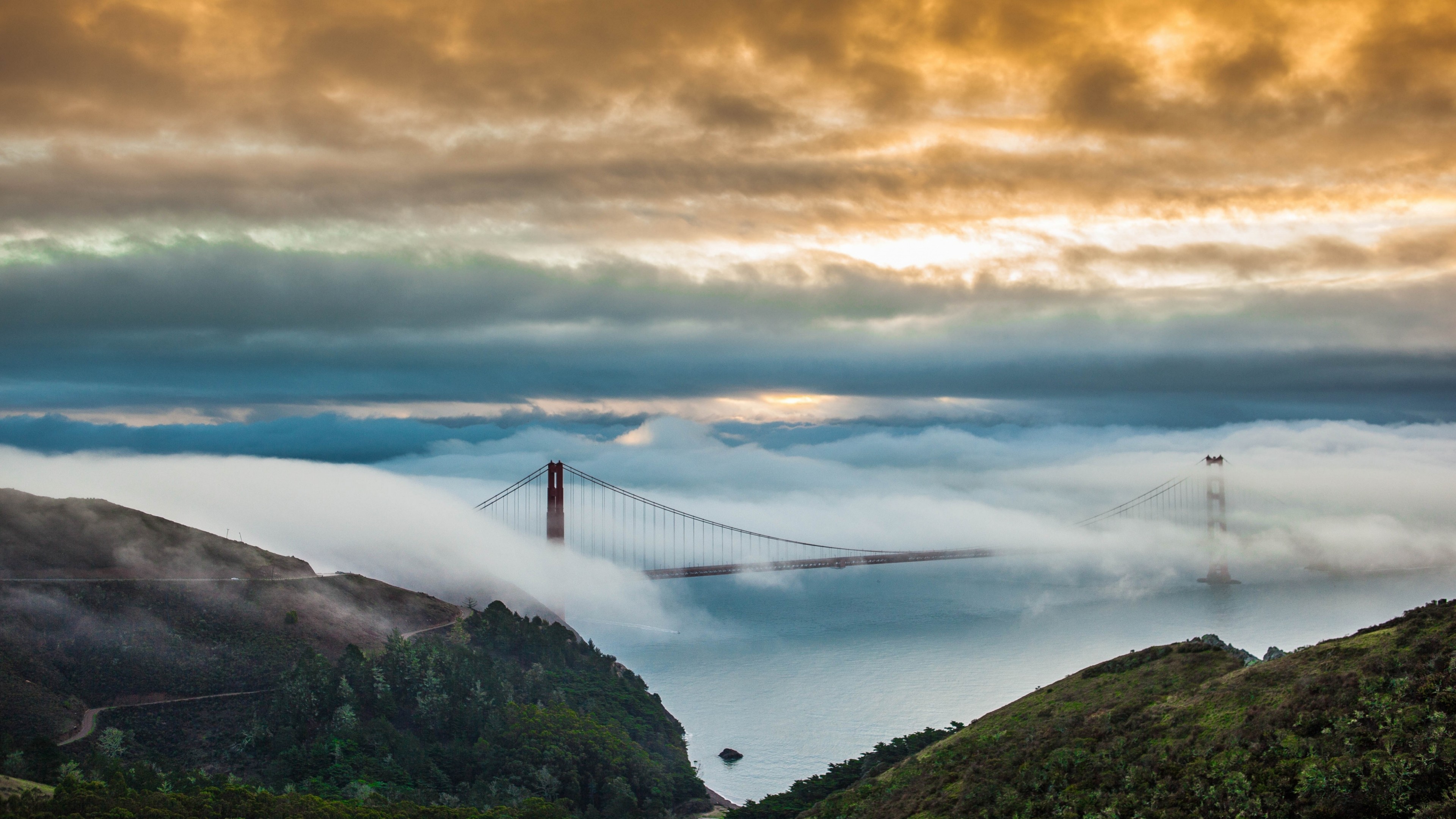 San Francisco, 4k, Golden Gate, USA, fog, bridge HD Wallpaper