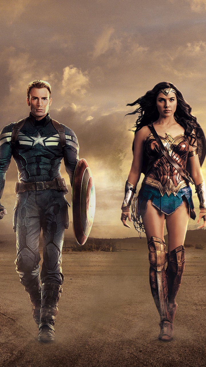Movie Crossover, Captain America, Wonder Woman, 720X1280 Phone Hd Wallpaper