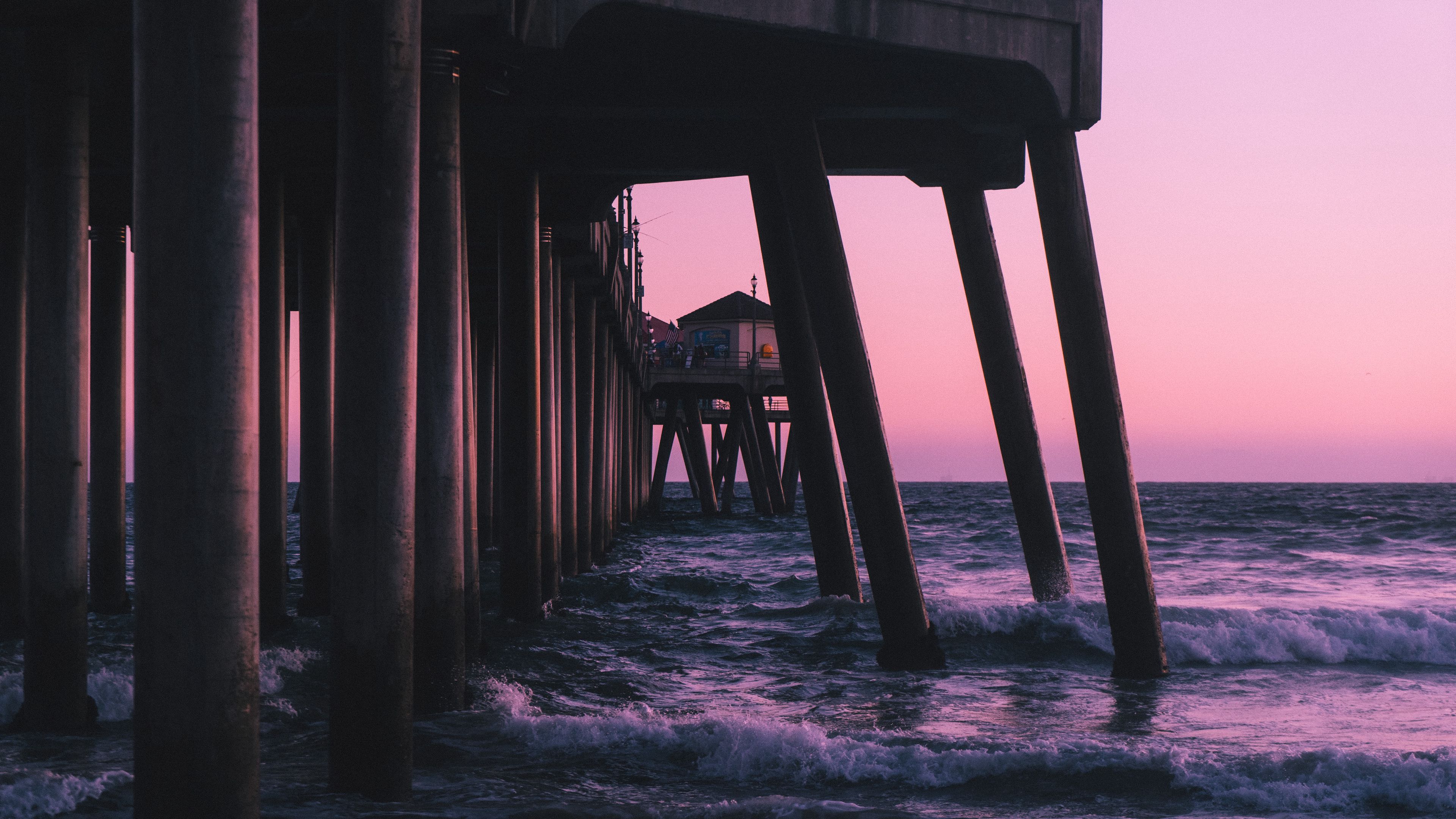 pier, waves, sea, water, dusk, 4k HD Wallpaper