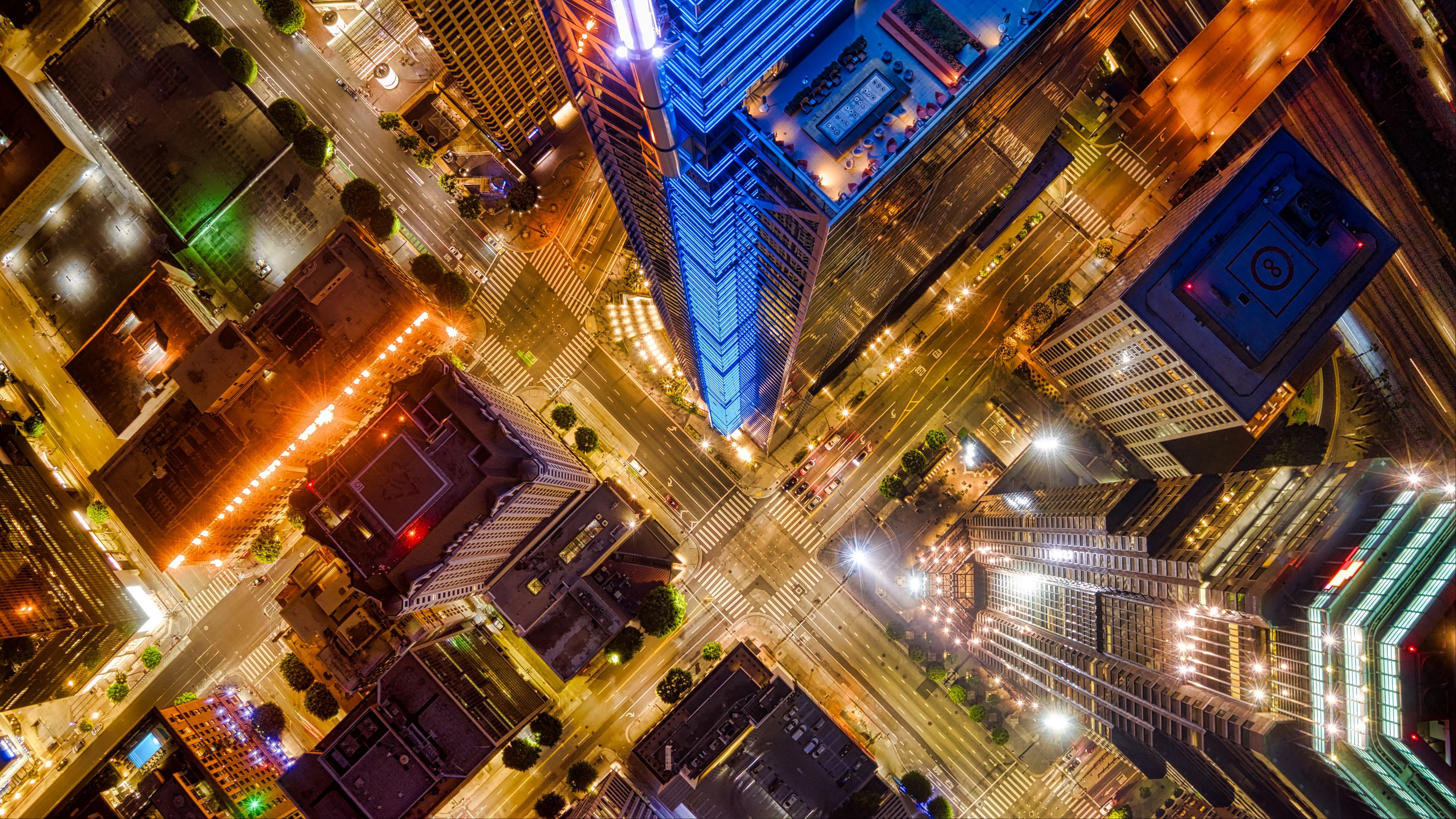Night City, Architecture, Building, Aerial View, Road, 4K Hd Wallpaper