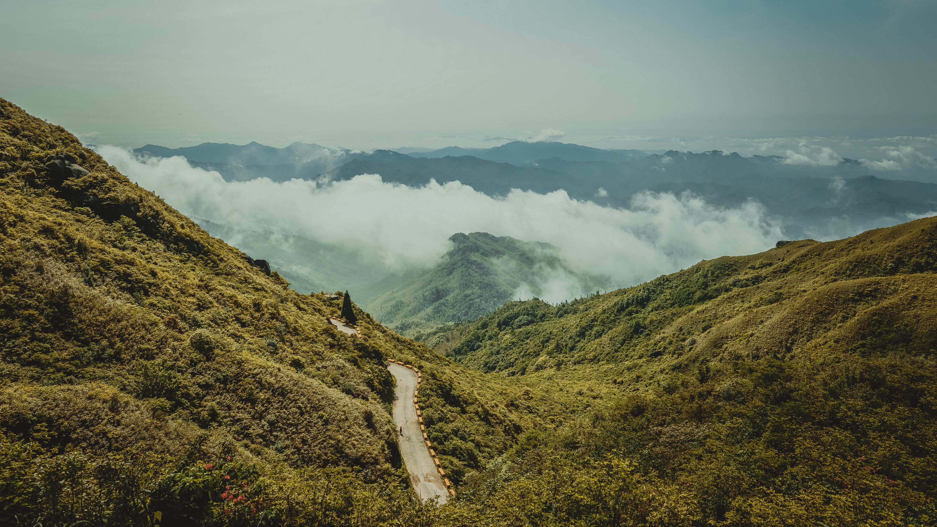 mountains, road, aerial view, fog, clouds, nature, 4k HD Wallpaper
