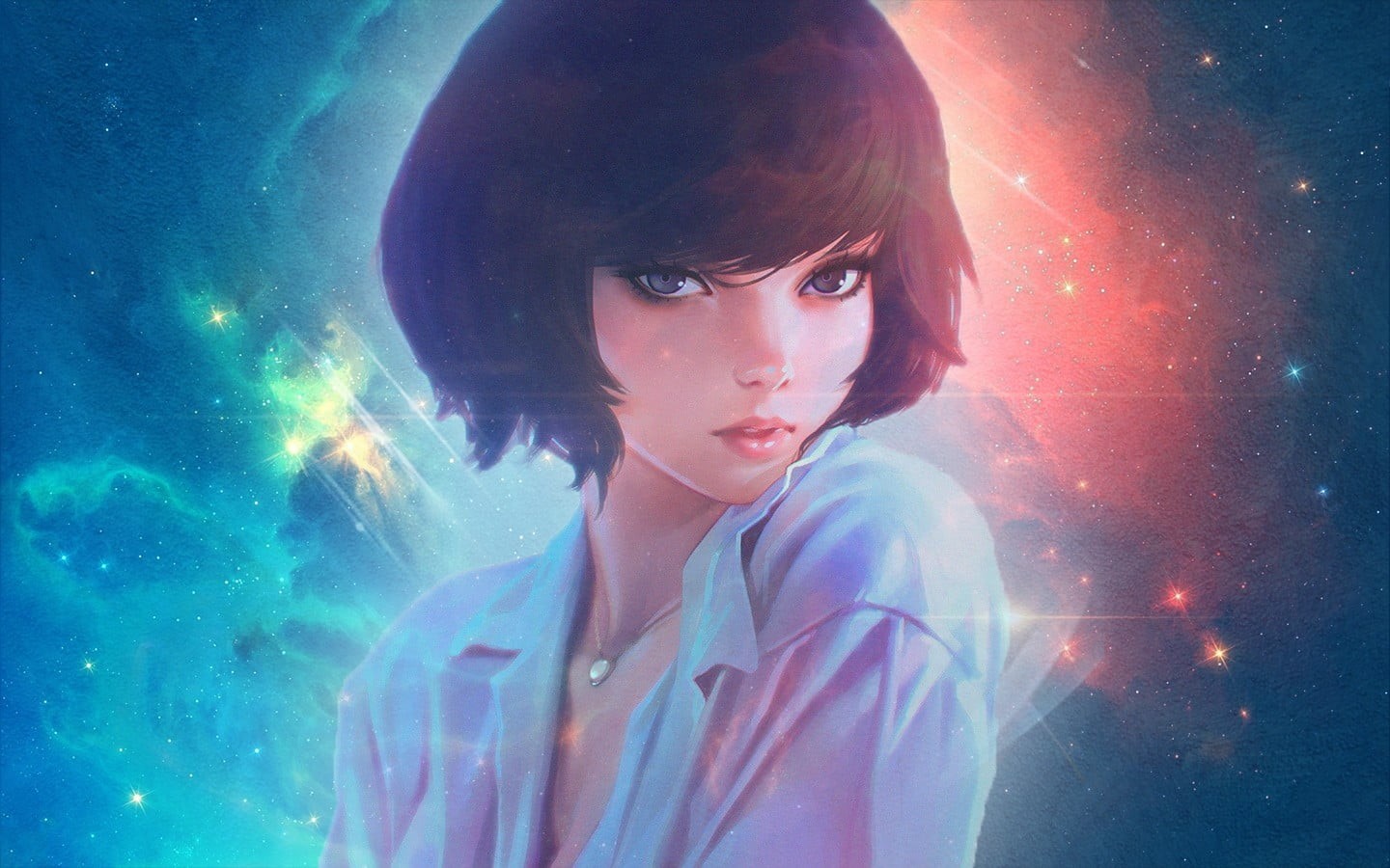 blue eyes, blue background, black hair, anime girls, 720P, short hair ...