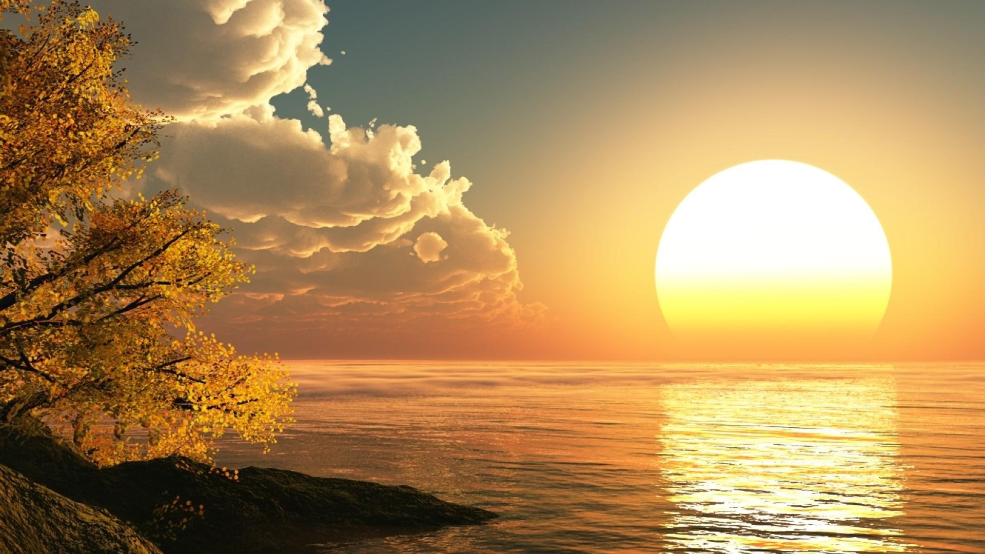 calm, sun, autumn, sunset, sea, afterglow, 1080P, evening, sky, shore ...