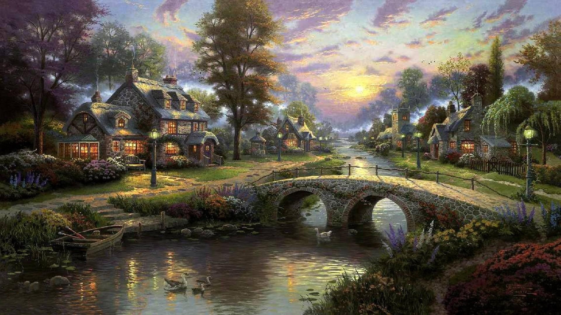 church, sunset, river, village, cobblestone, 1080P, cottage, stream ...