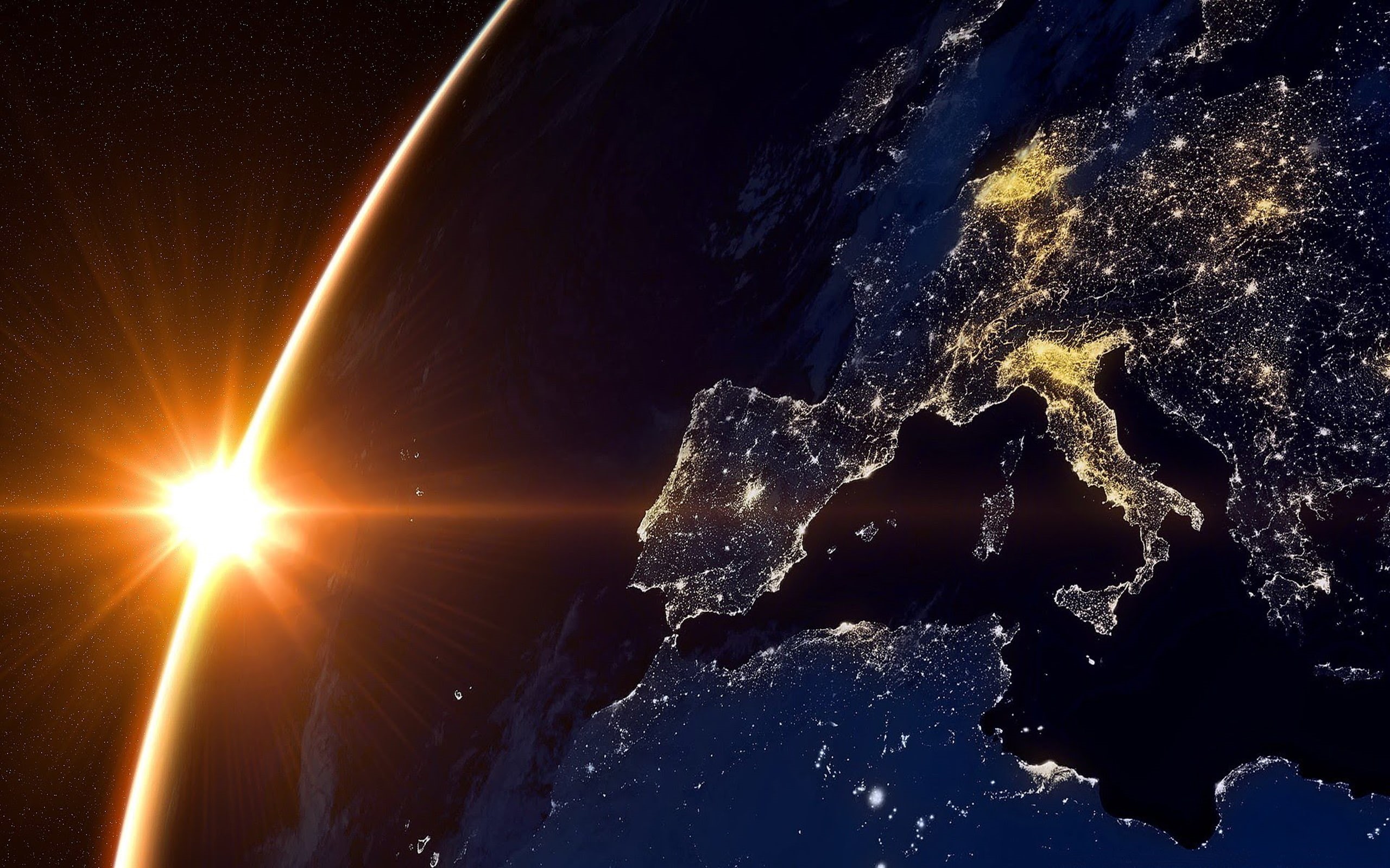 europe, sun, 2K, earth, space, hd, night HD Wallpaper