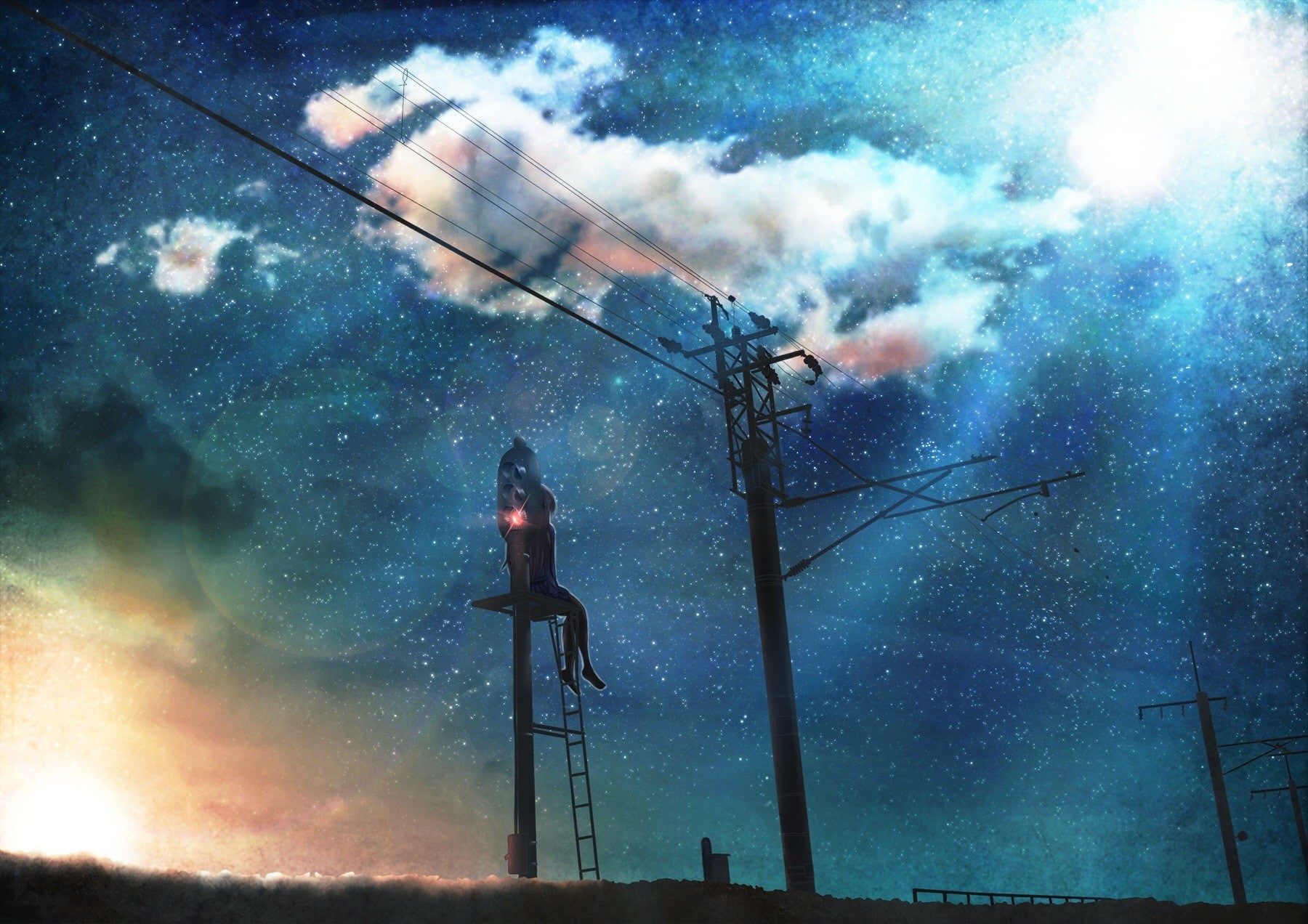 utility pole, 720P, stars, power lines, lens flare, traffic lights HD ...