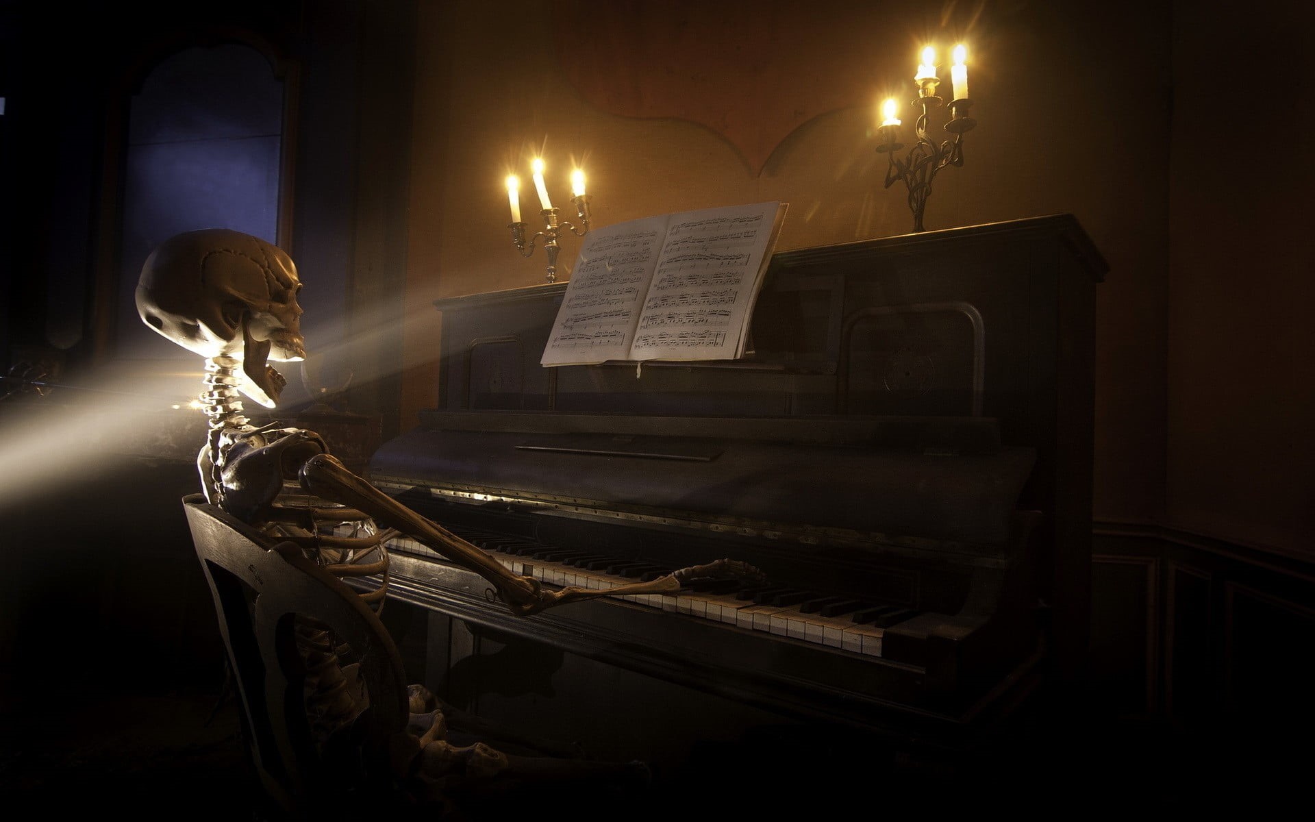 sheet music, 1080P, dark, death, 3D, chair, pianist, sitting, skull ...