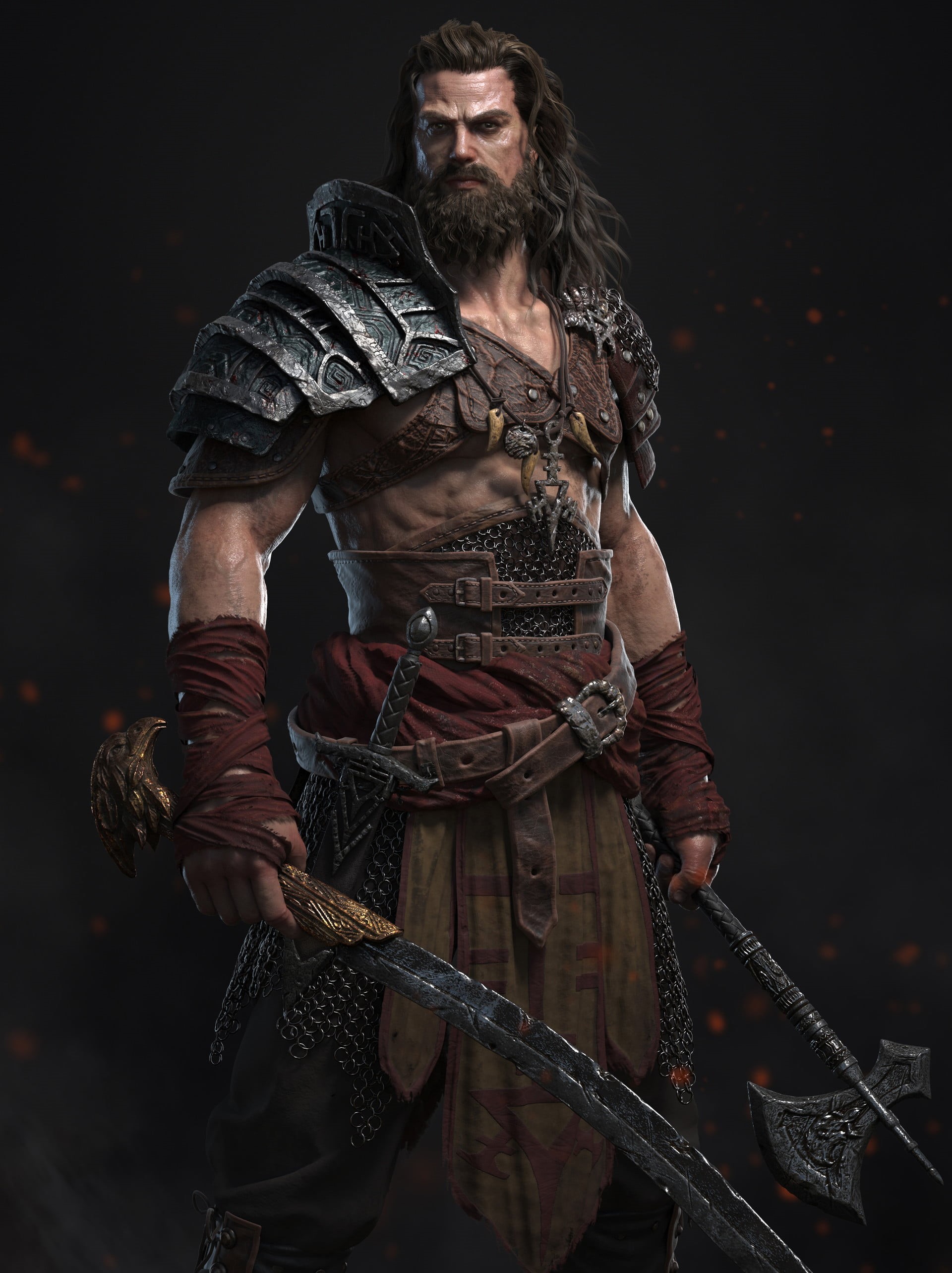 armor, long hair, sword, CGI, beard, men, wavy hair, looking away ...