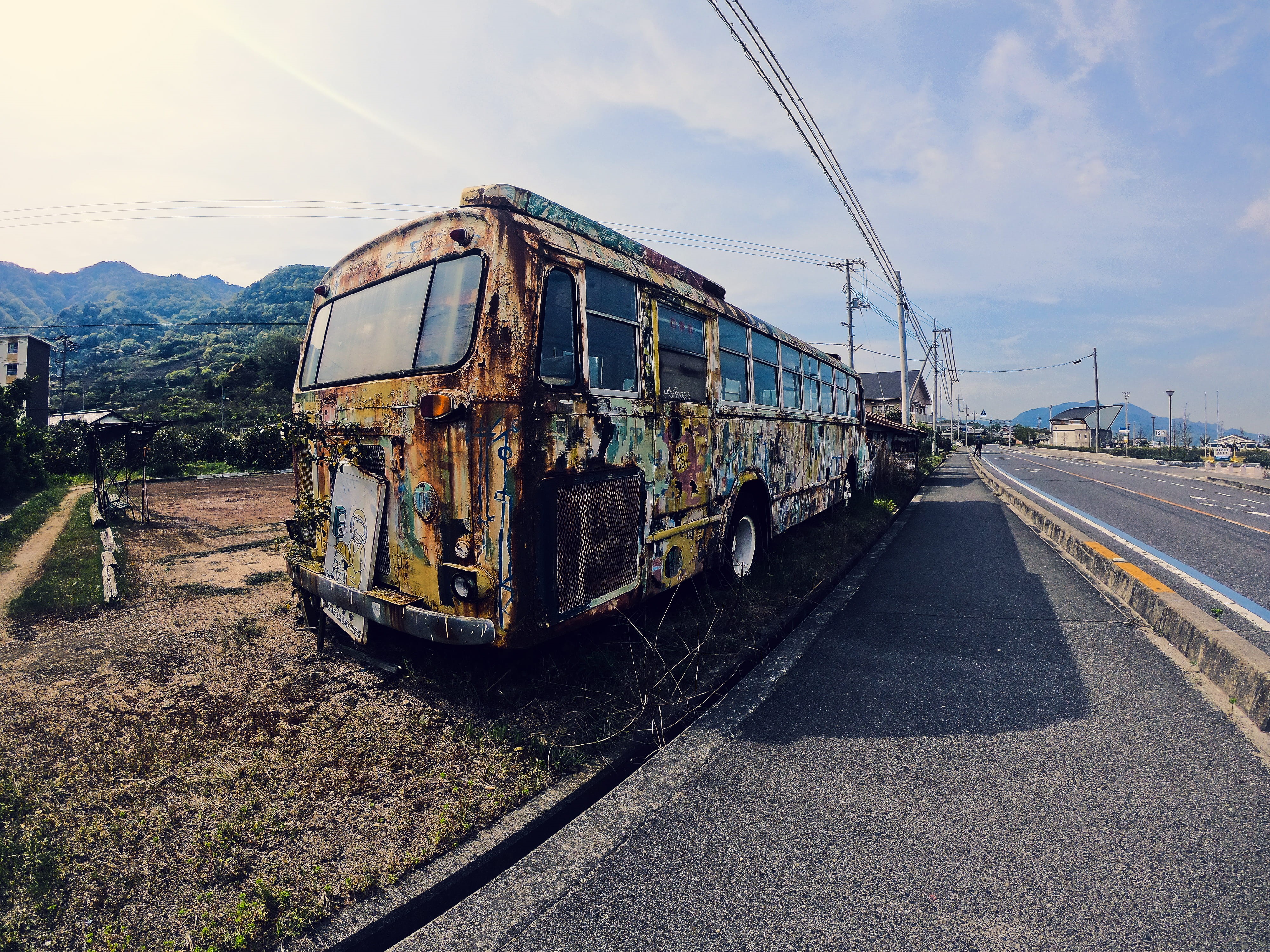 driving, onomichi-shi, school bus, obsolete, sunlight, rotting, rusting ...