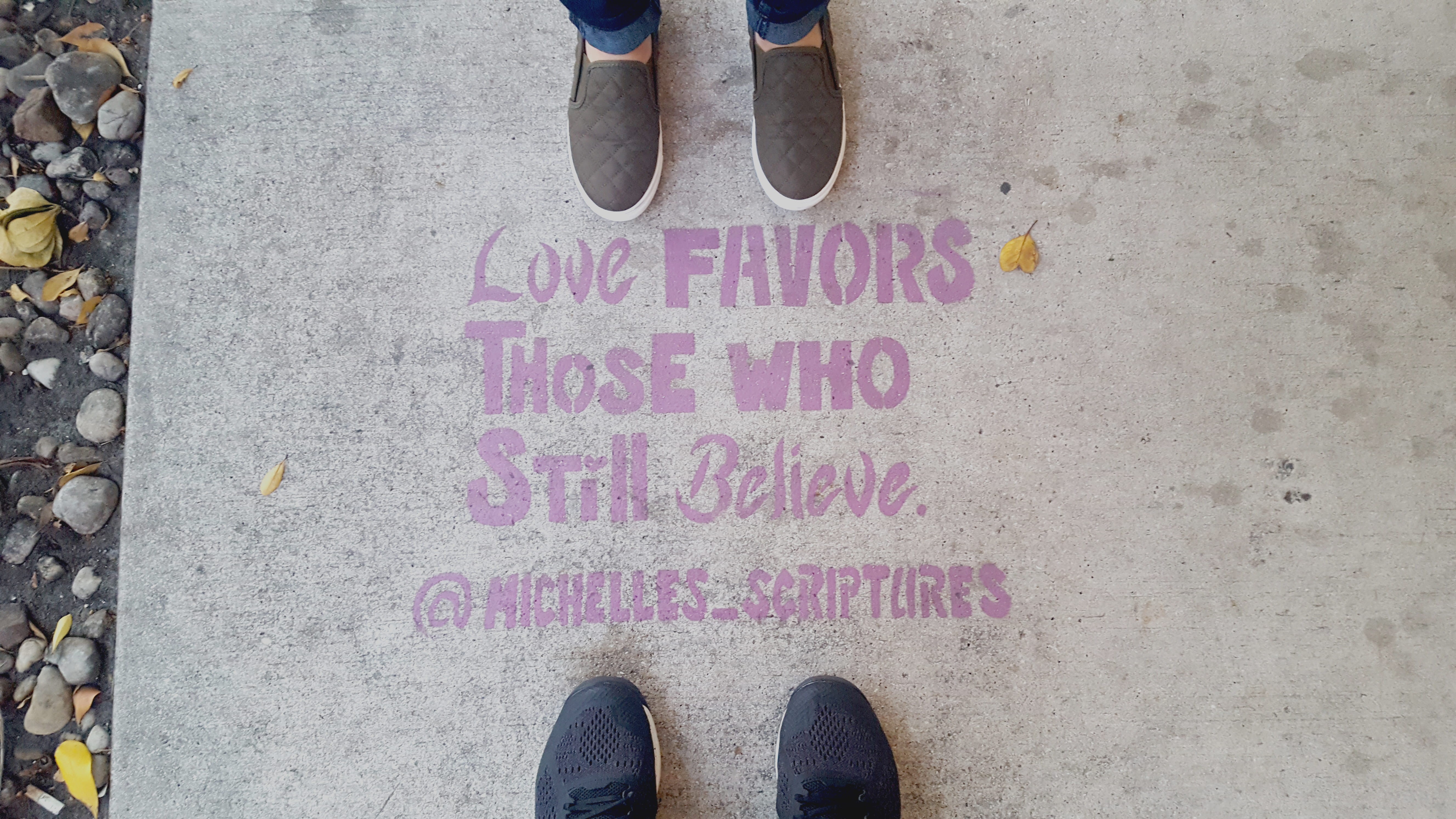 outdoors, believe, sign, one person, lover, stencil art, shoe, feet ...