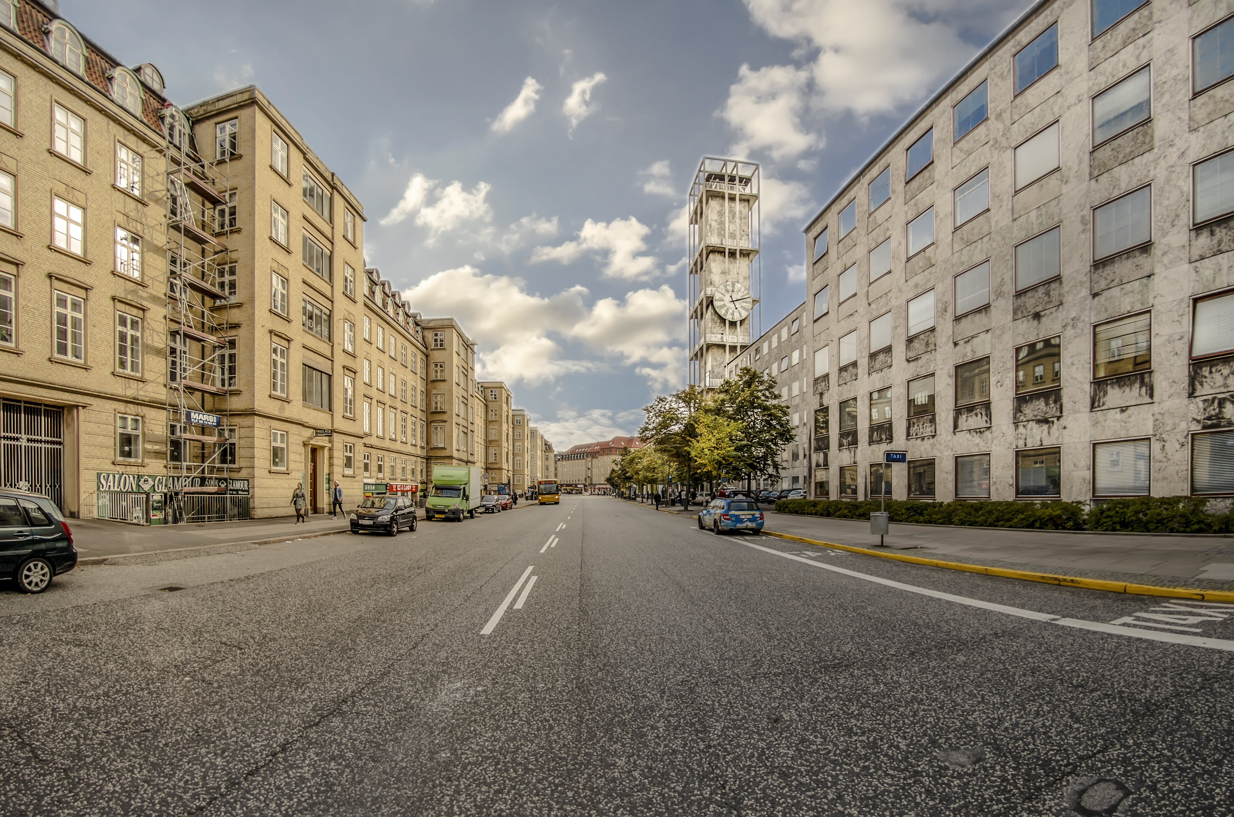 photography, architectural photography, road, tower clock, high-rise ...