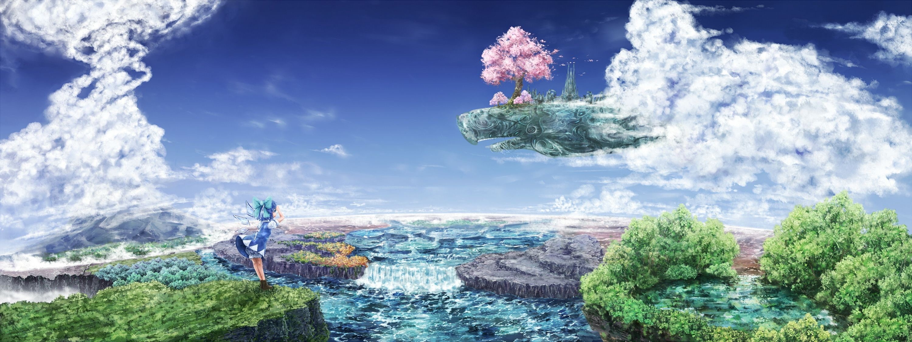water, day, one animal, anime, mountain, anime girls, sky, plant ...