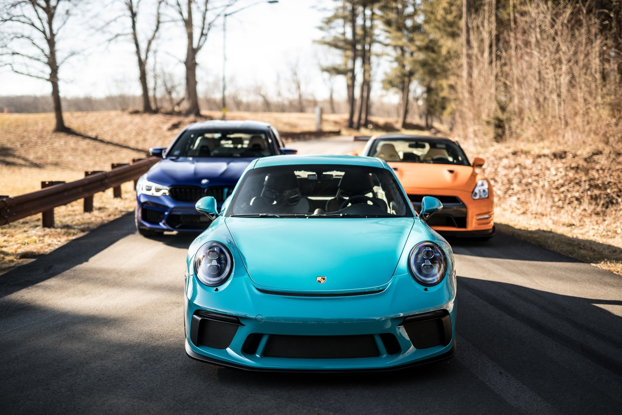 orange cars, frontal view, Porsche, traffic barrier, Porsche 911 GT3 ...