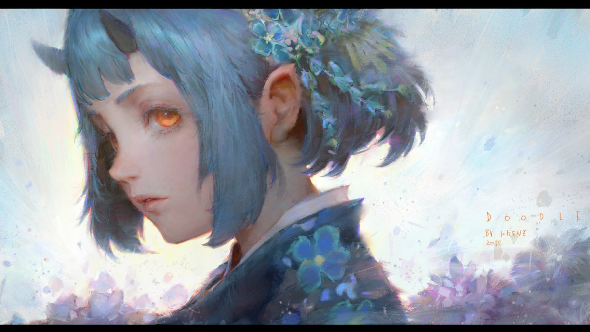 horns, girl, by Krenz Cushart, blue hair, kimono, forget-me-nots ...