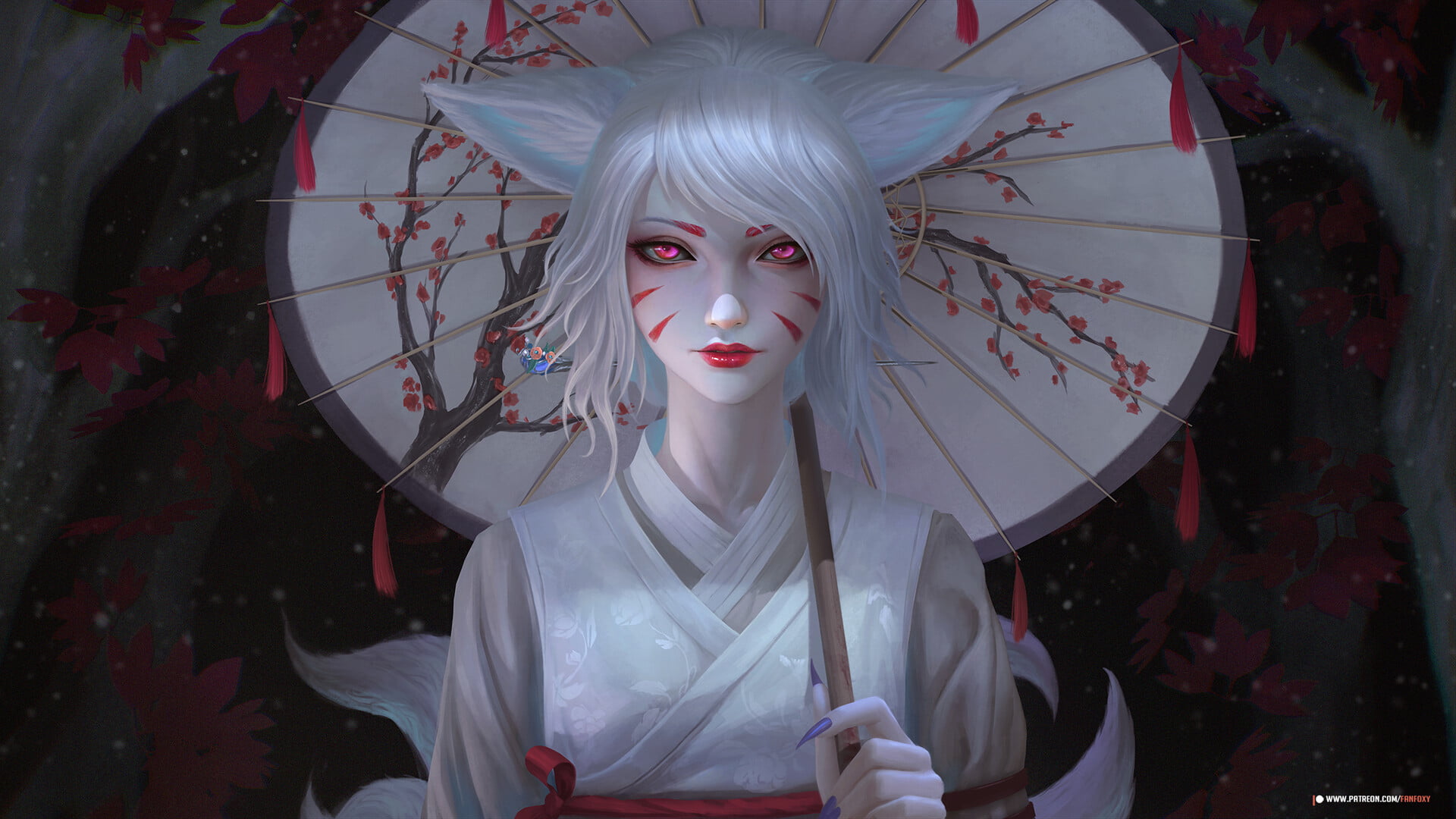 fox girl, long nails, fox ears, face paint, umbrella, pink eyes, leaves ...