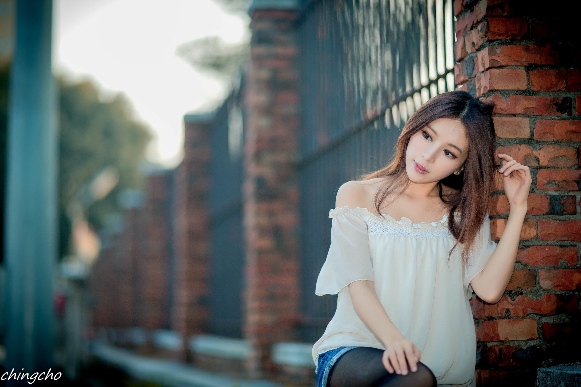 Fence, casual clothing, portrait, young adult, Taipei, Taiwan, brick ...