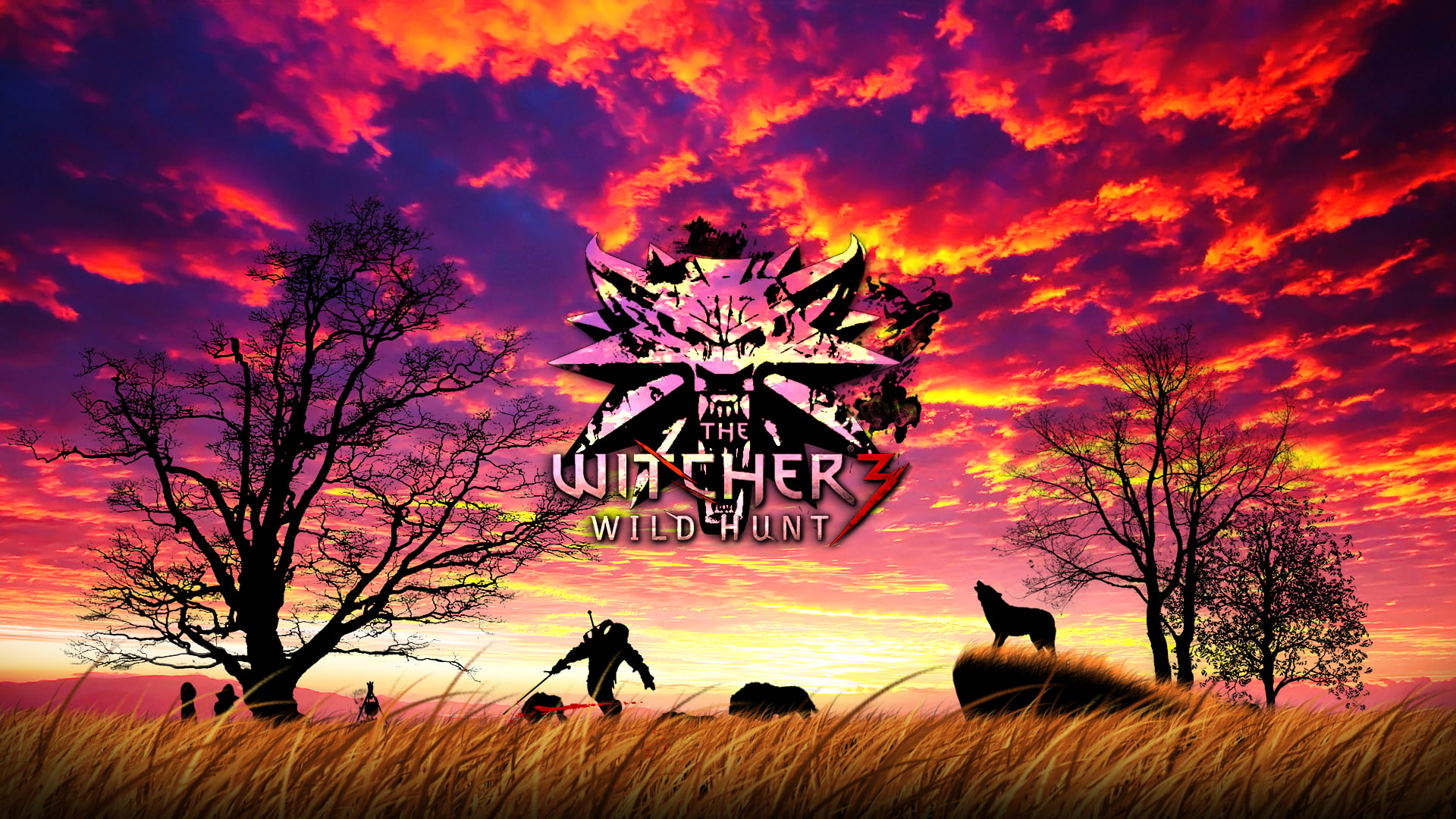 silhouette, wolf, The Witcher 3: Wild Hunt, dry grass, 1080P, Geralt of ...