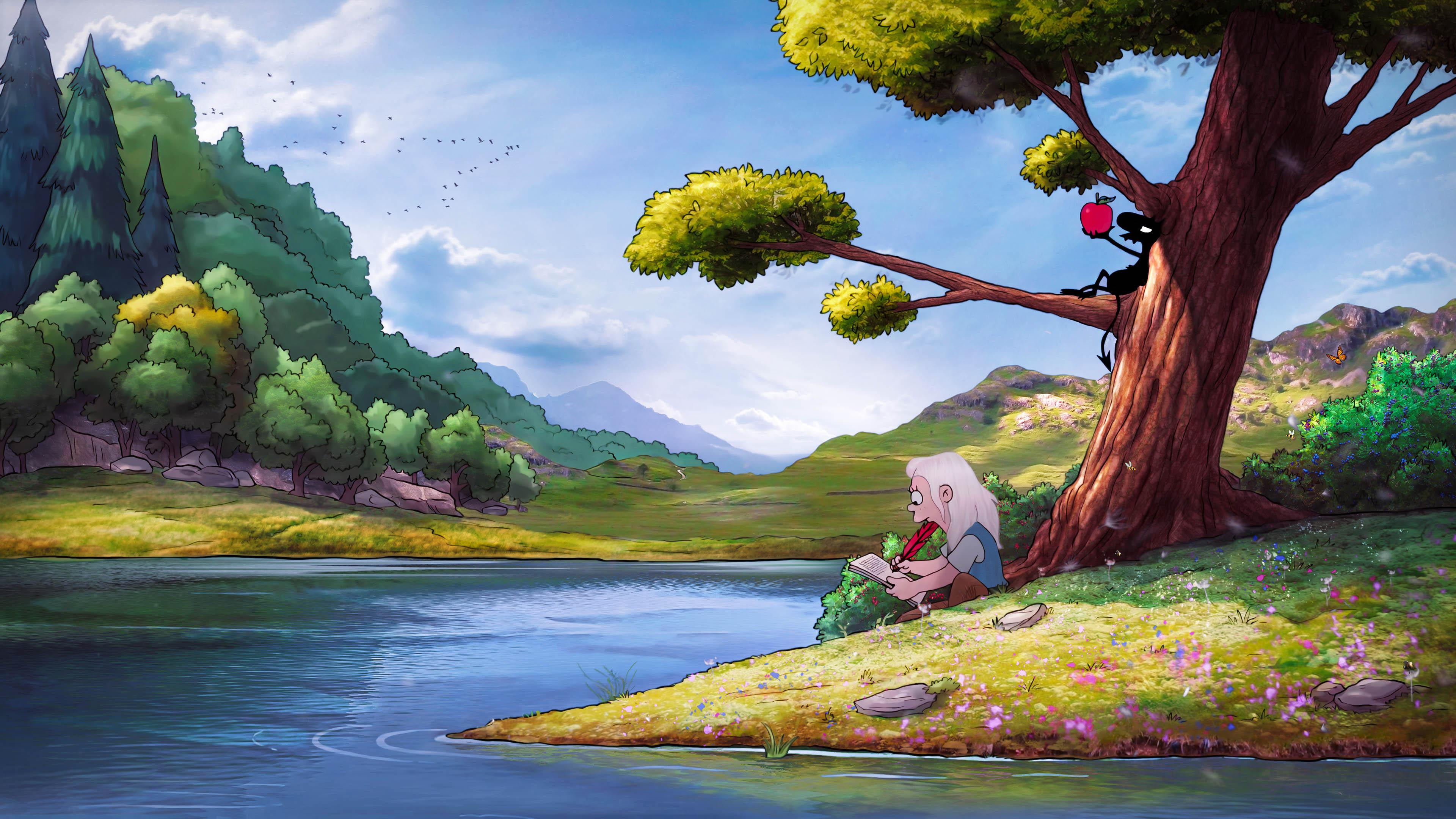 birds, 4K, trees, lake, clouds, Luci (Disenchantment), Bean ...