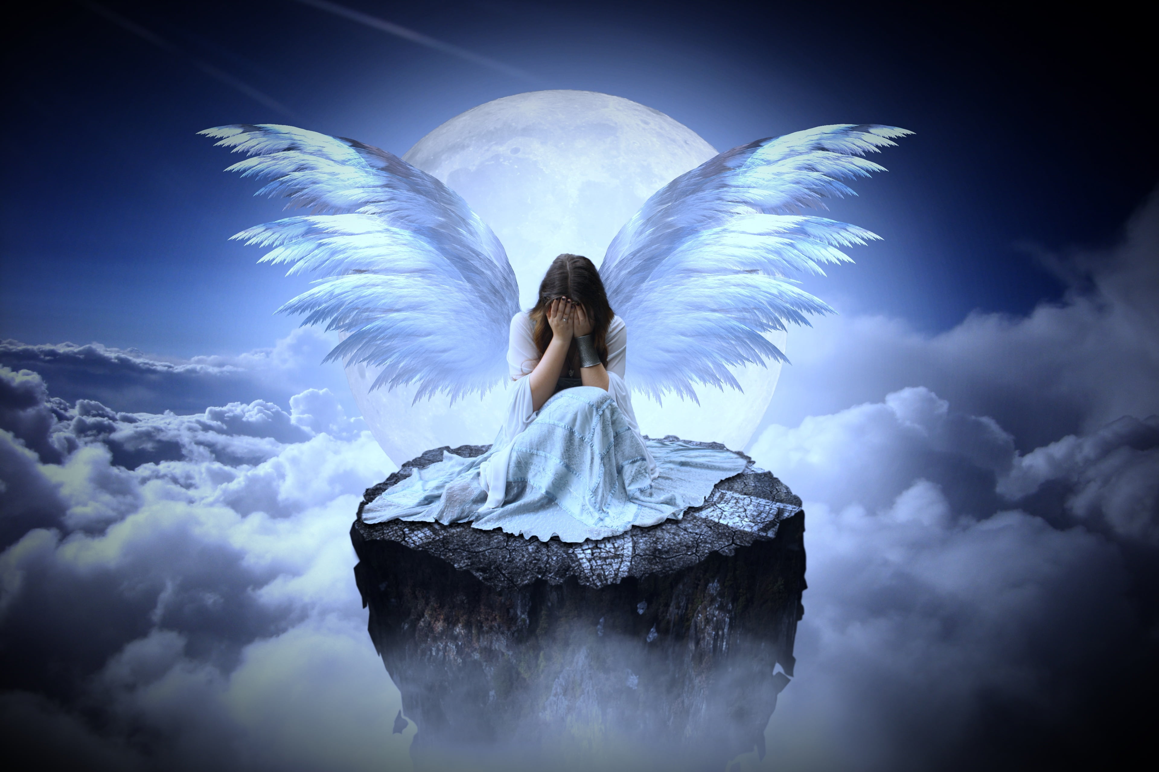 4K, Angel, Full Moon, Crying, Cloud, Sad, Fantasy, Woman HD Wallpaper