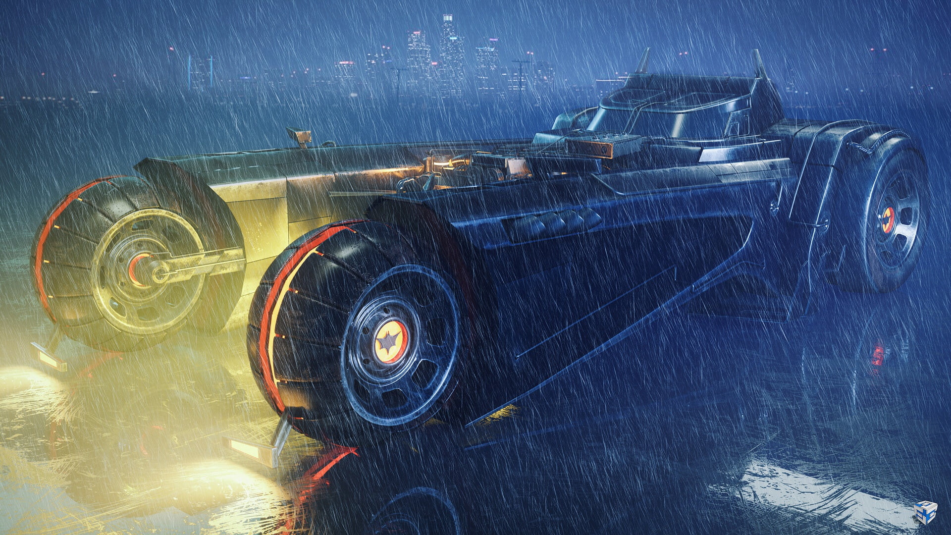 artwork, Batmobile, rain, 1080P, Batman, car, vehicle HD Wallpaper