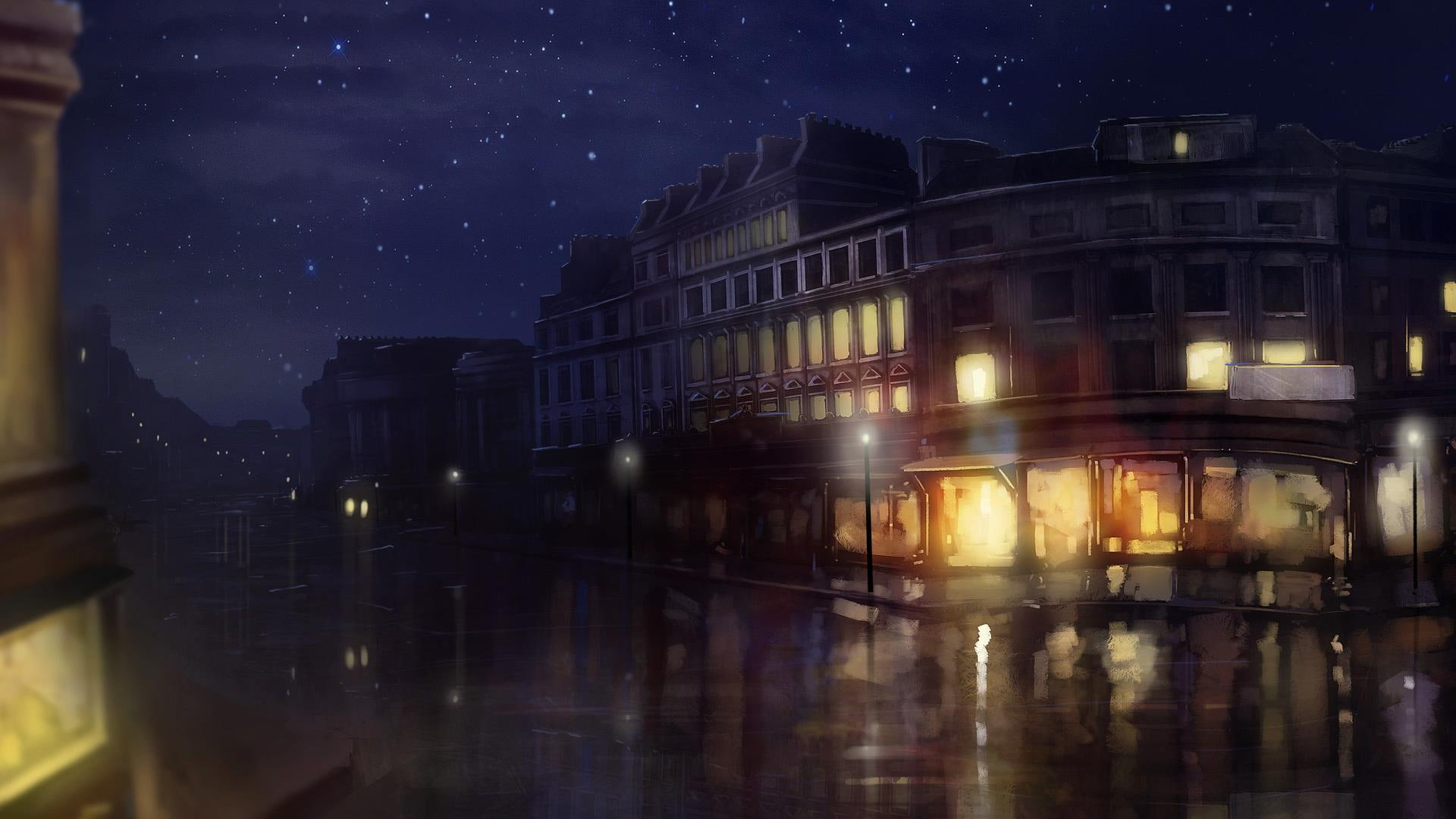 stars, 1080P, buildings, drawing, night, digital/artwork, hd HD Wallpaper