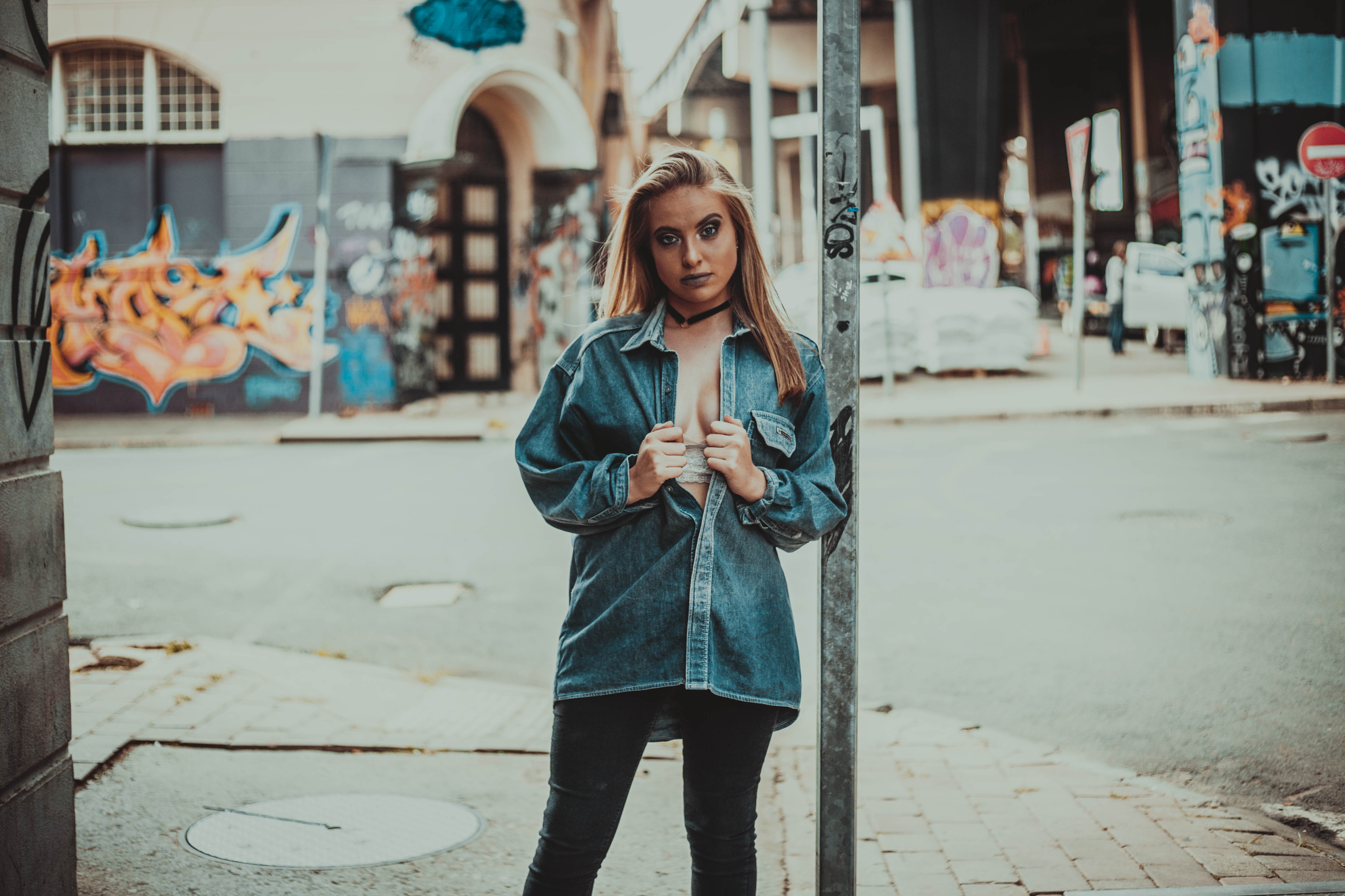 built structure, young adult, woman, standing, street, wearing, front ...