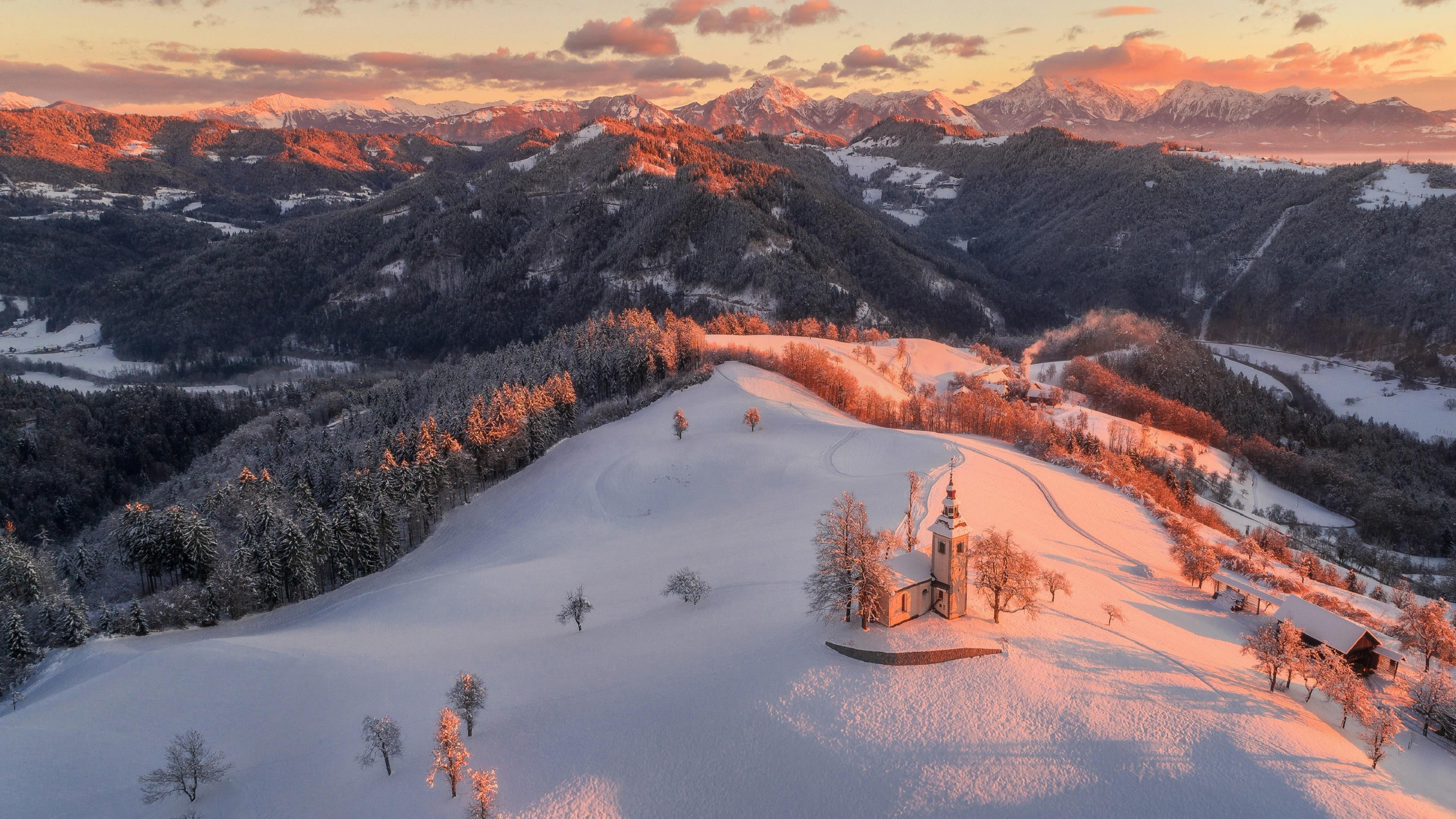 village, sveti tomaz, upper carniola, church, hilltop, carniola, snowy ...