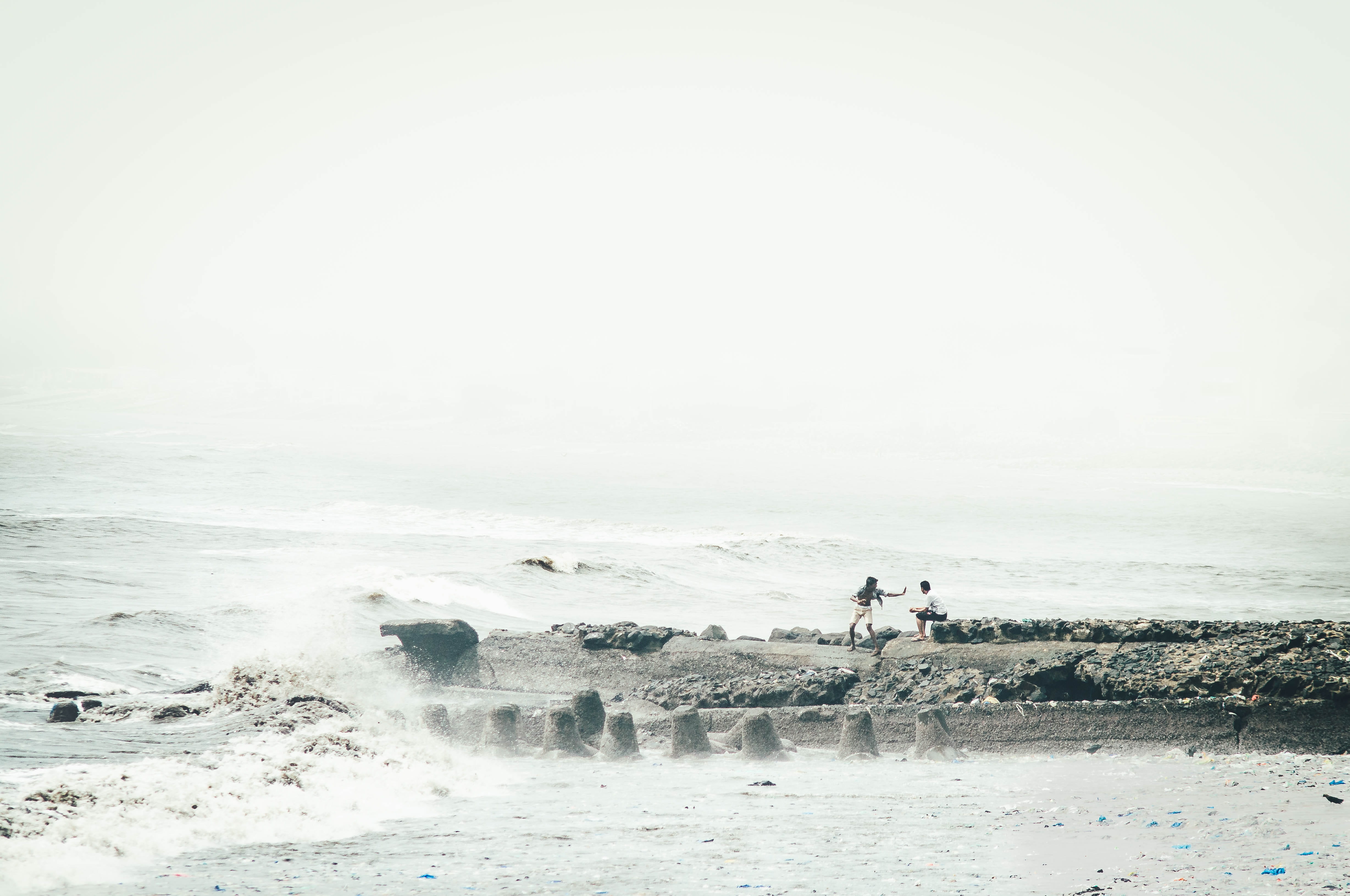 action, lifestyles, pose, sky, mist, wave, horizon over water, water ...
