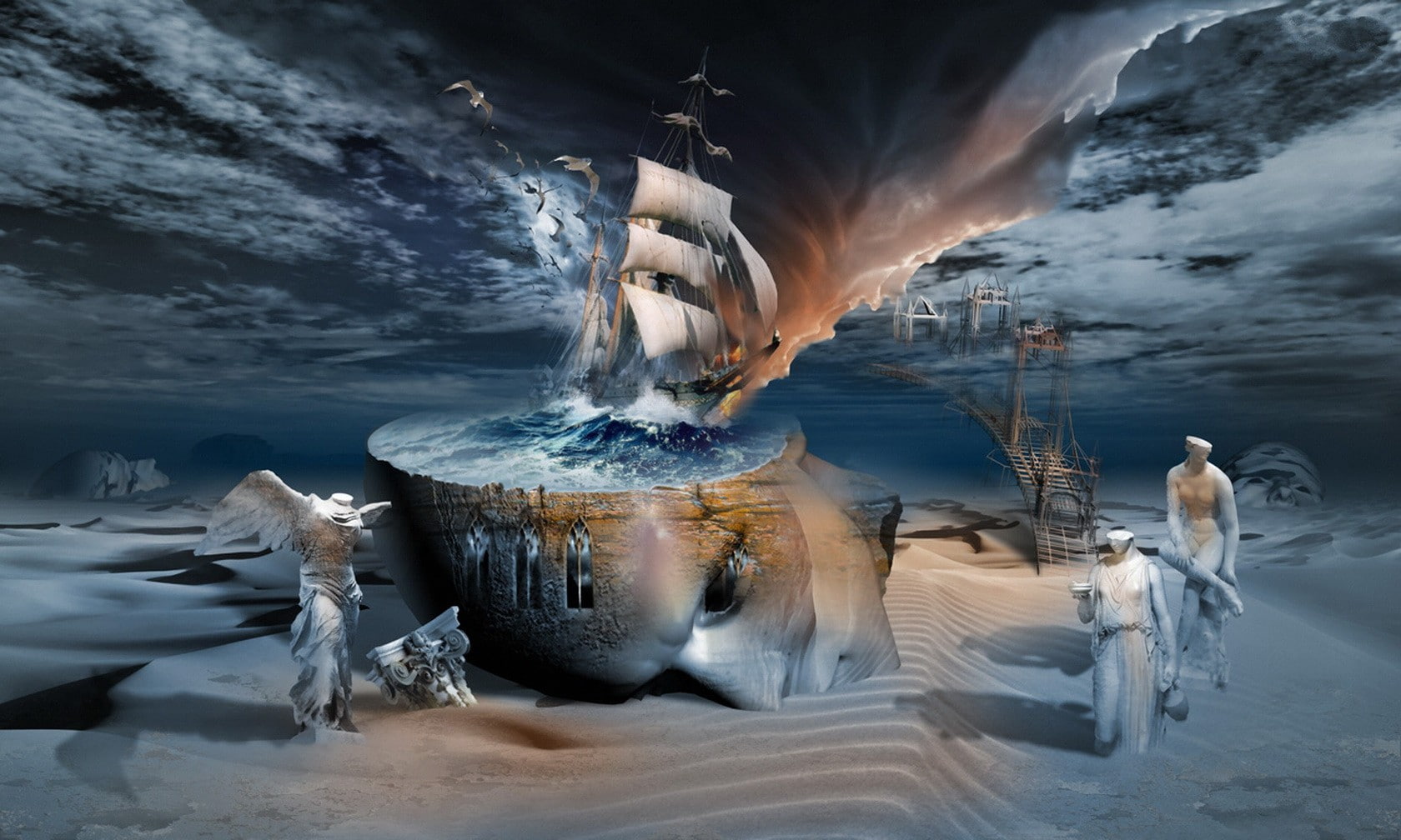fantasy art, sand, statues, fantasy, boat, art, 720P HD Wallpaper