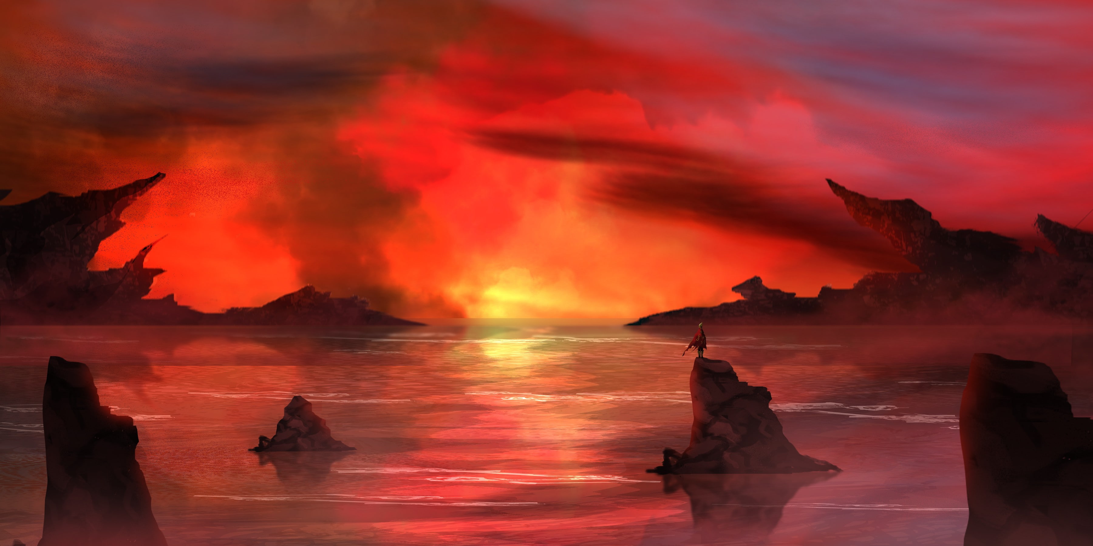 2K, red, smoke, fire, water, river HD Wallpaper