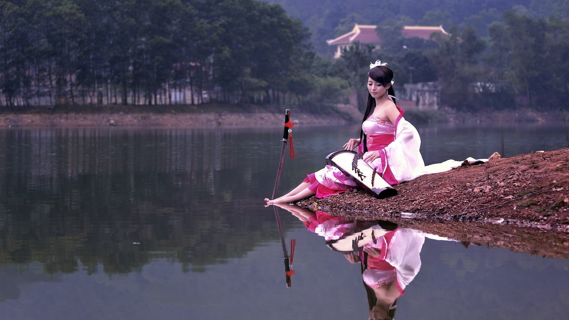 nature, playing, water, model, dark hair, katana, music, Asian, closed ...