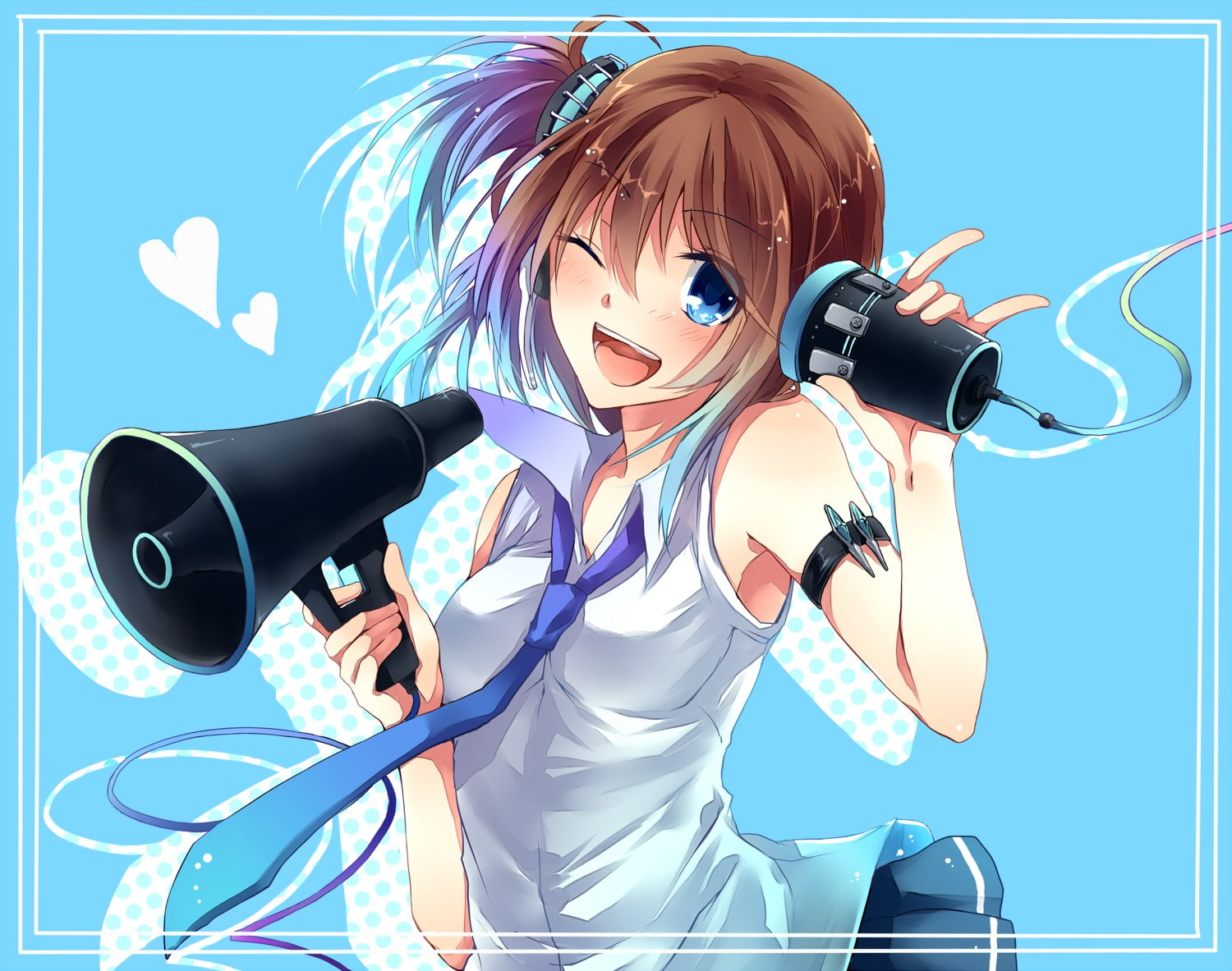 wink, brunettes, megaphones, blue, tie, short, 720P, hair, background ...