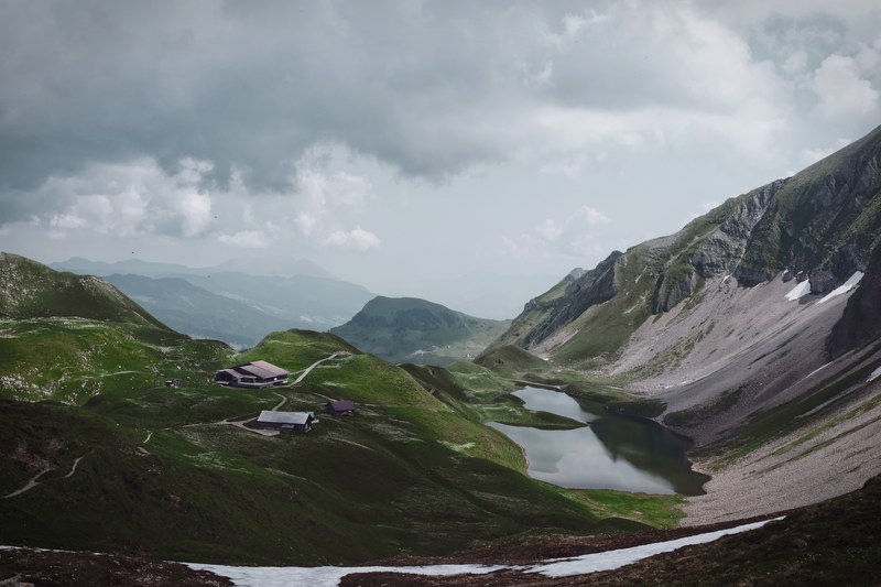 mountain landscape with rolling hills and a valley below, rolling ...
