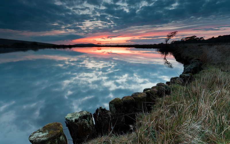 Blue, 2K, Sunset, Trees, Lake, Sky, Clouds HD Wallpaper